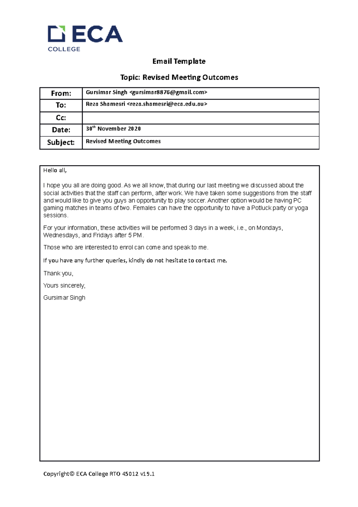 Email Revised Summary of meeting Outcomes - Email Template Topic ...