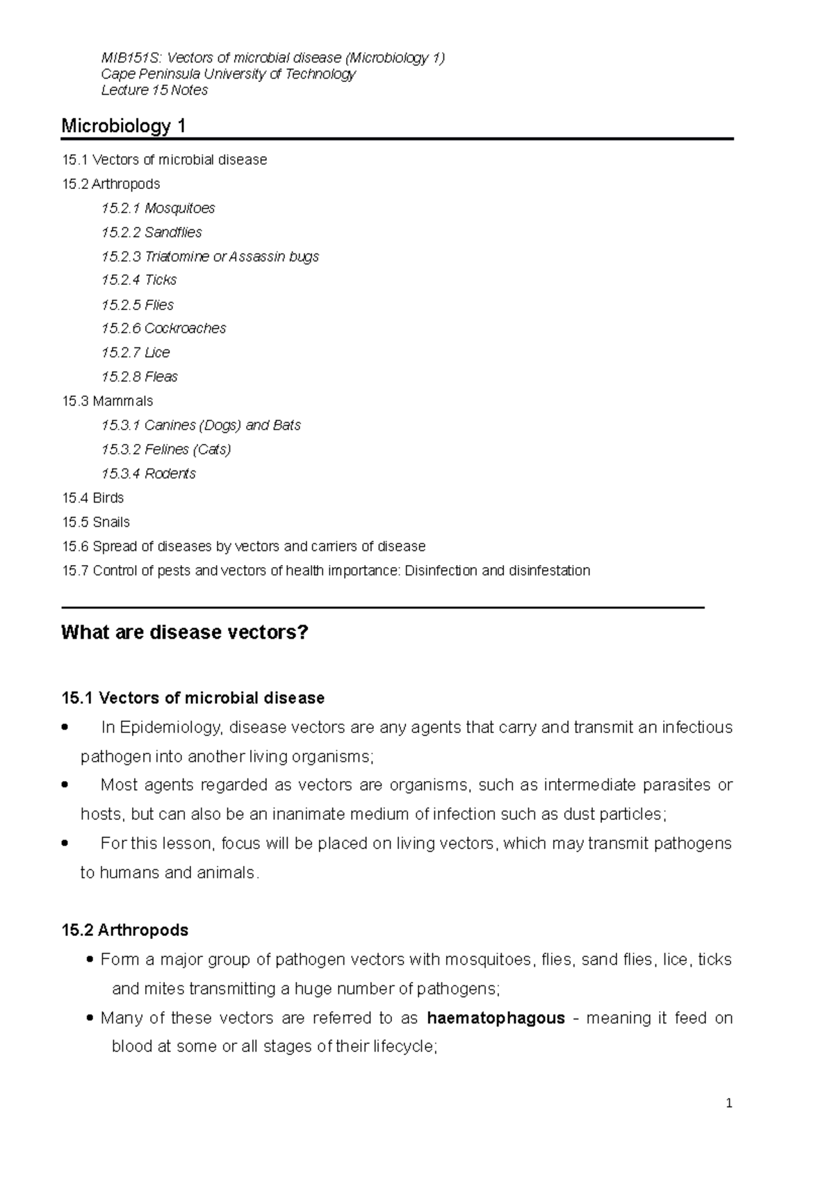 Microbiology 1 Lecture 15 (Vectors of microbial disease) - Cape ...