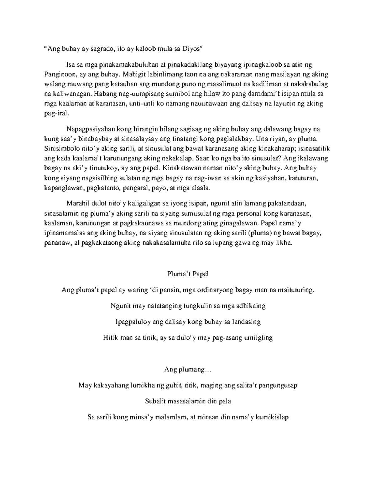 ESP10-Tula sa Buhay - A poem and its description. "Pluma't Papel" talks ...