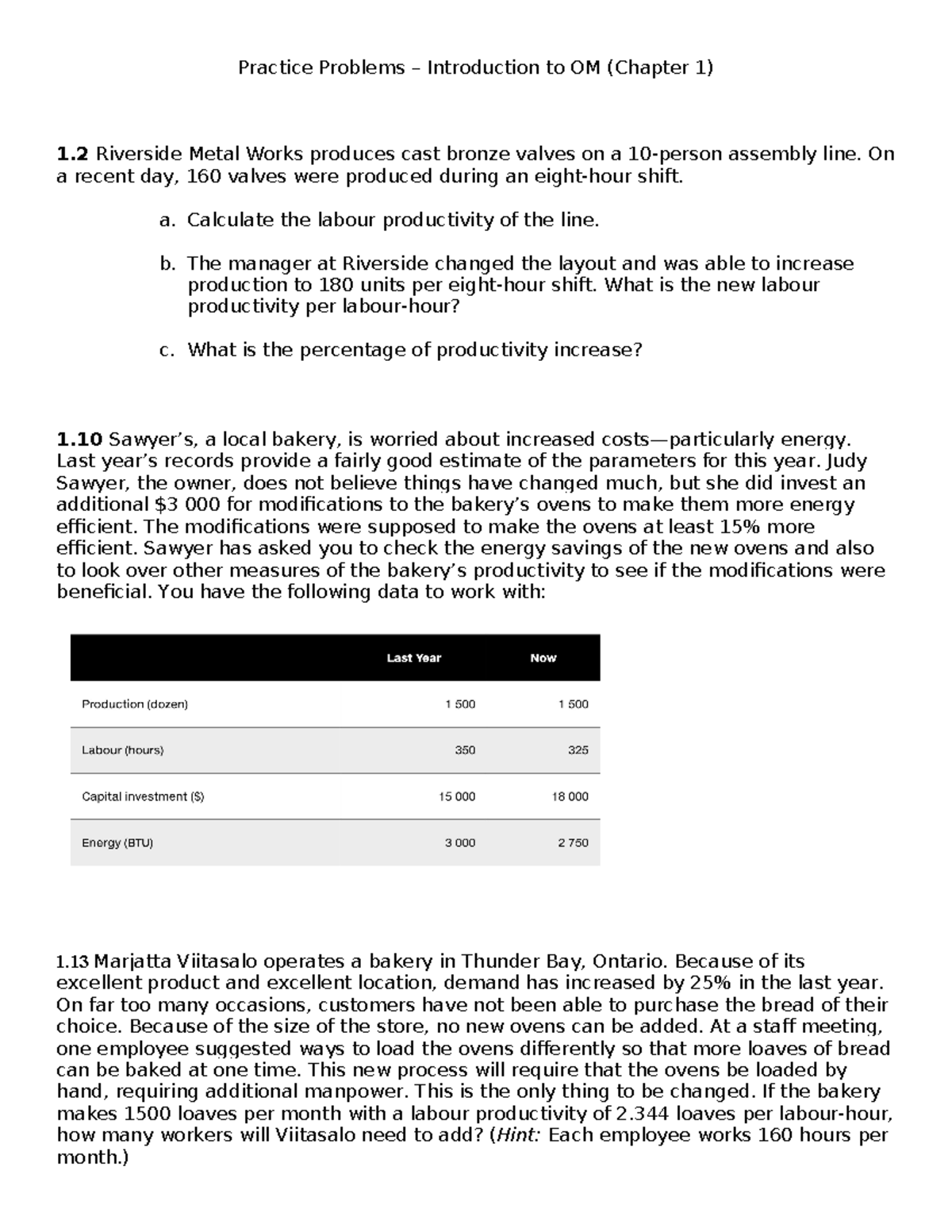 [Practice Problems] Introduction to Management - Practice Problems – Introduction to OM (Chapter ...