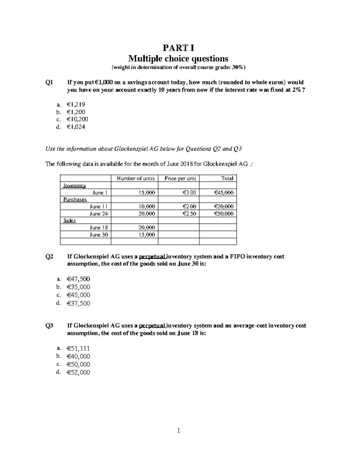 Resit 2018 - PART I Multiple choice questions (weight in determination ...