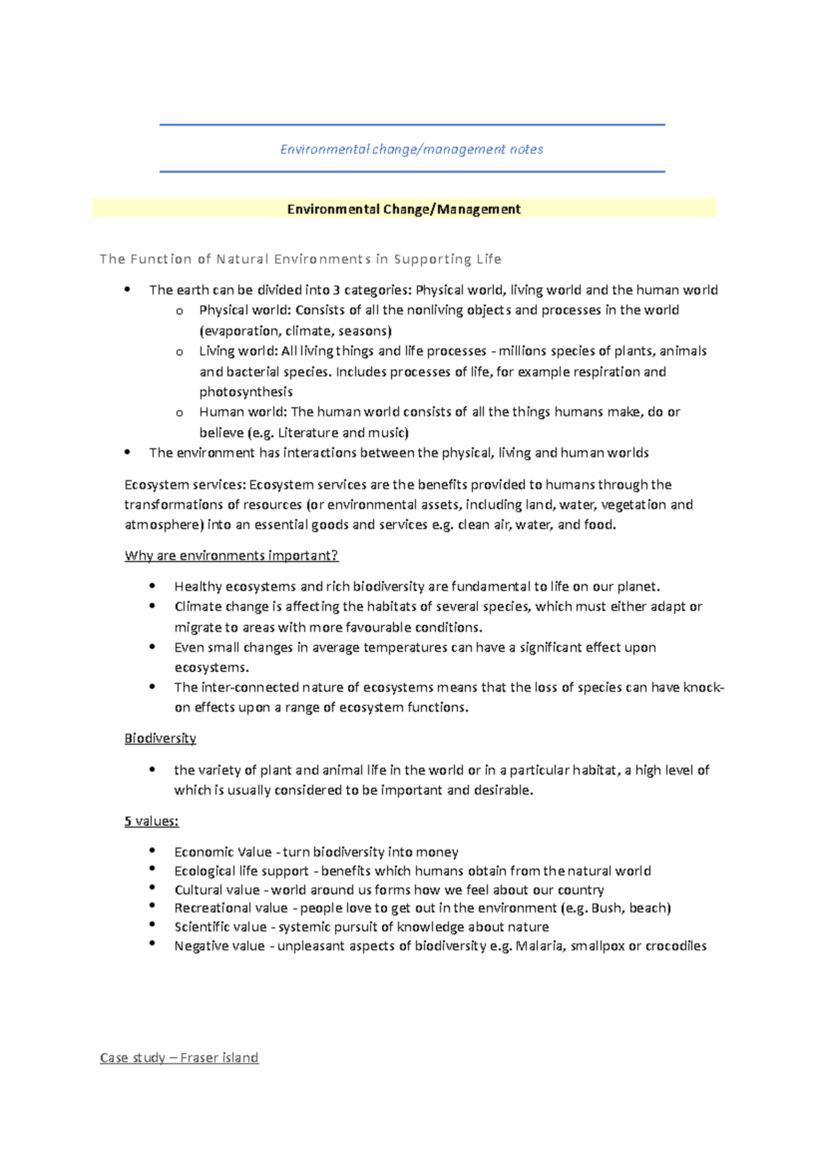 Environment notes - Environmental change/management notes Environmental ...