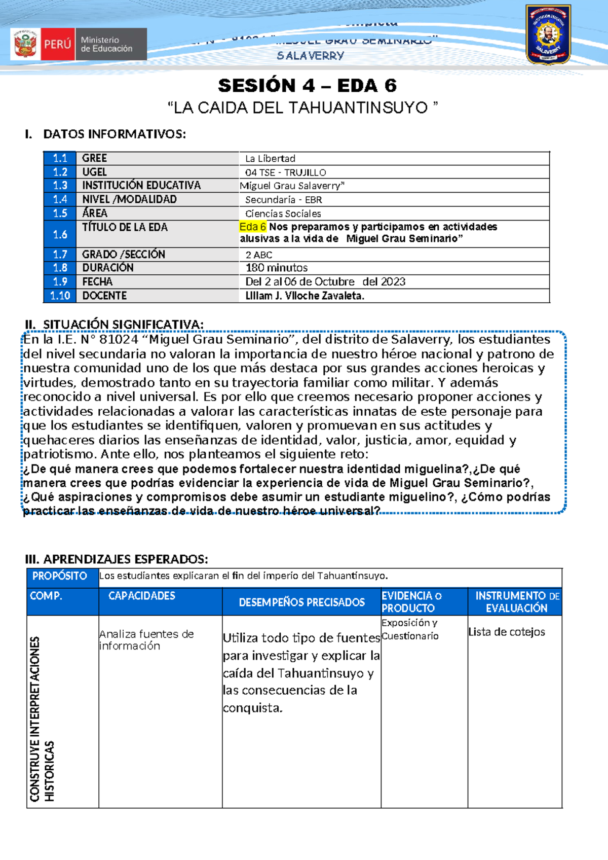 Sesión 4 EDA 6 - »EBR - SECUNDARIA Jornada Escolar Completa I. N.º 81024 “MIGUEL GRAU SEMINARIO ...