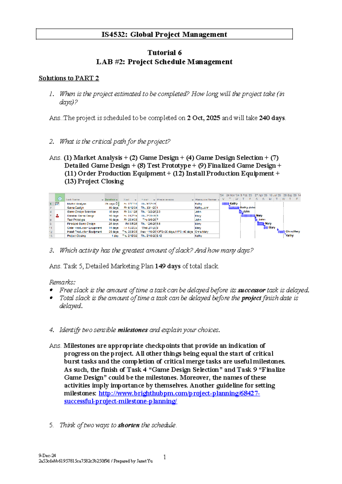 T06 IS4532 LAB2 Time Solution - IS4532: Global Project Management ...