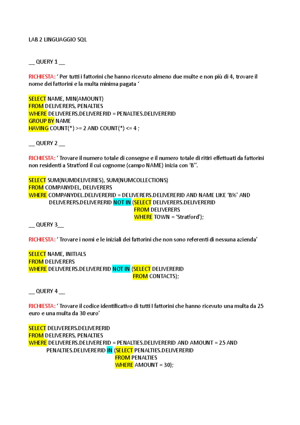 LAB 2 Linguaggio SQL - Risposte laboratorio 2 basi di dati - LAB 2 ...