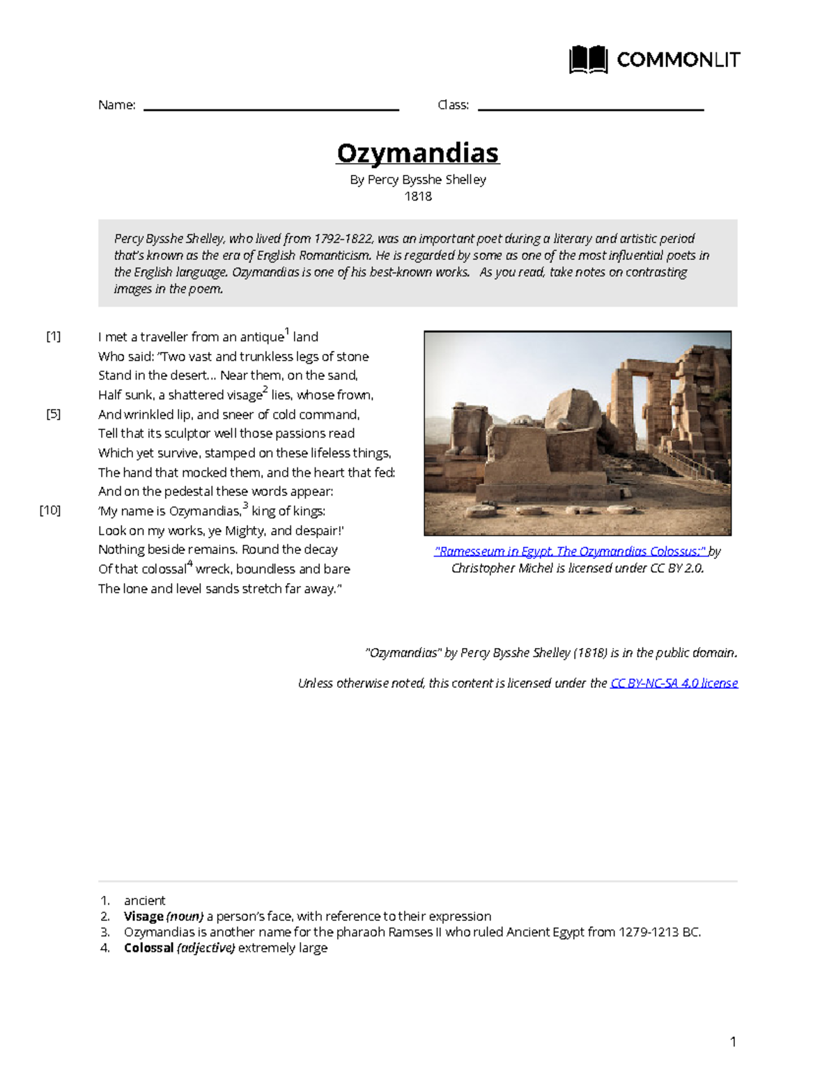 Ozymandias-teacher-12 - Name: Class: "Ramesseum in Egypt. The ...
