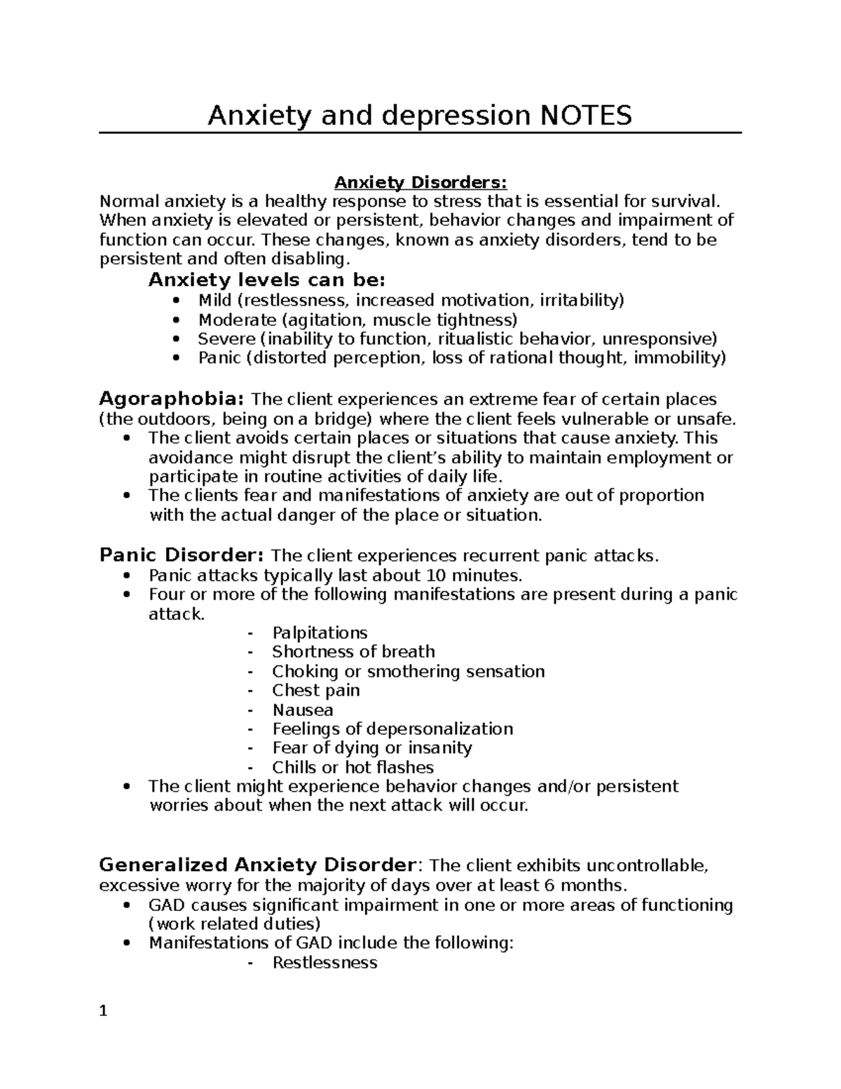 Anxiety and depression Notes - Anxiety and depression NOTES Anxiety ...