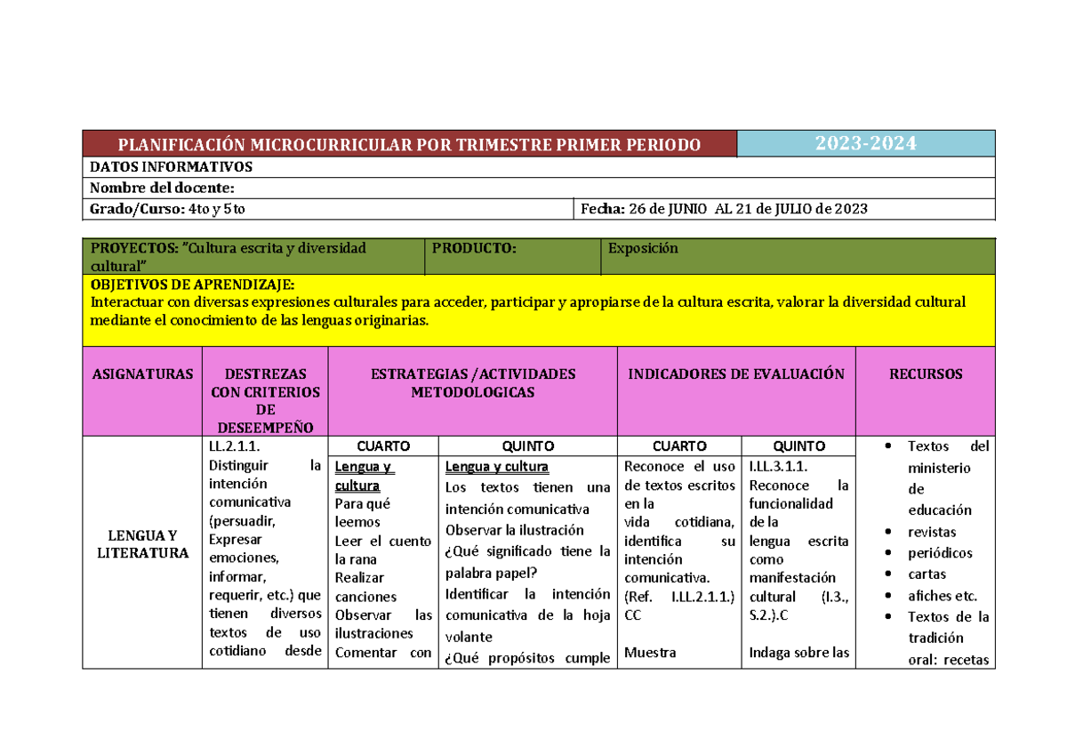 2 Primer Trimestre Planificacion Microcurricular Primer Periodo 4TO Y ...