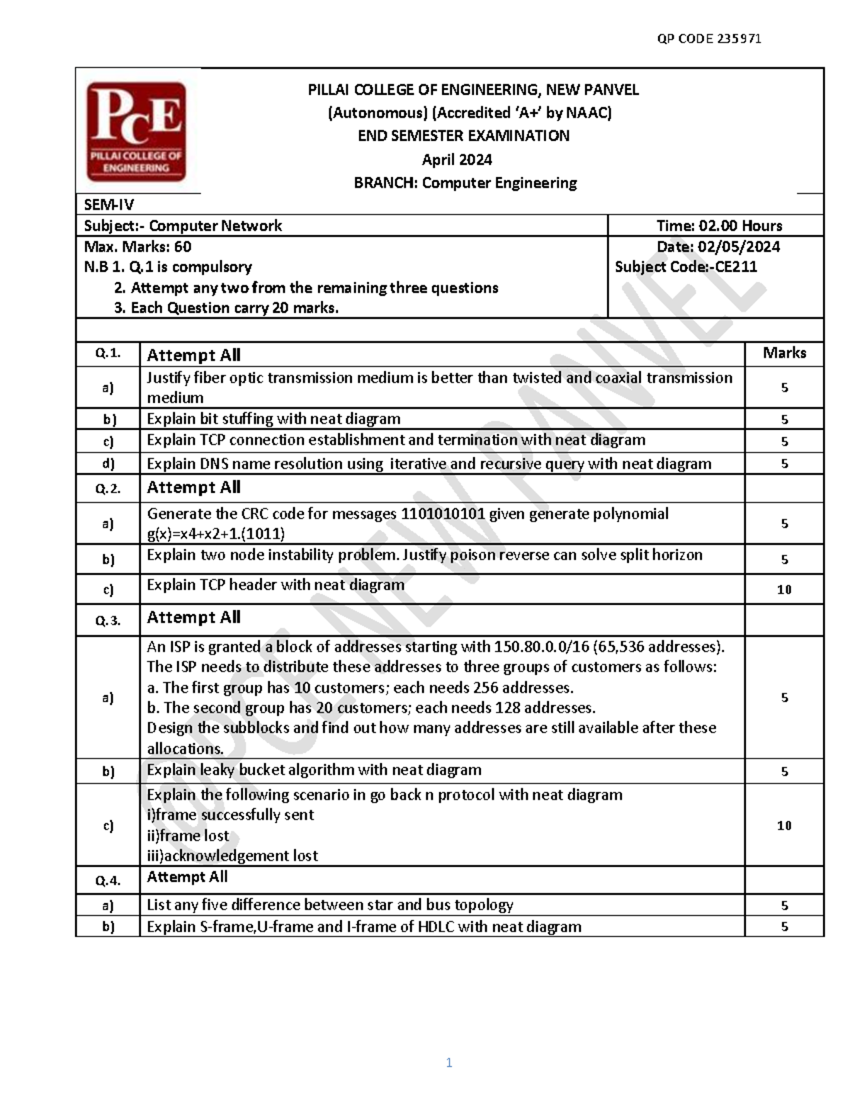 Computer Network Computer Engineering - QP CODE 235971 1 SEM-IV Subject:- Computer Network Time ...