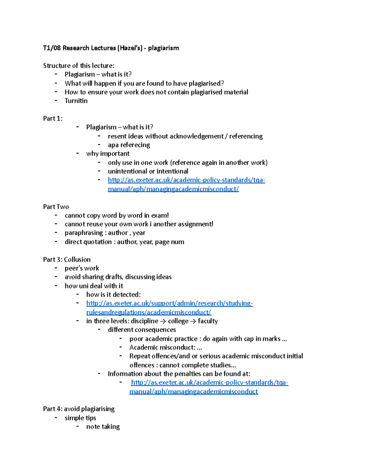 Week Eight Lecture Notes - plagiarism - T1/08 Research Lectures (Hazel ...
