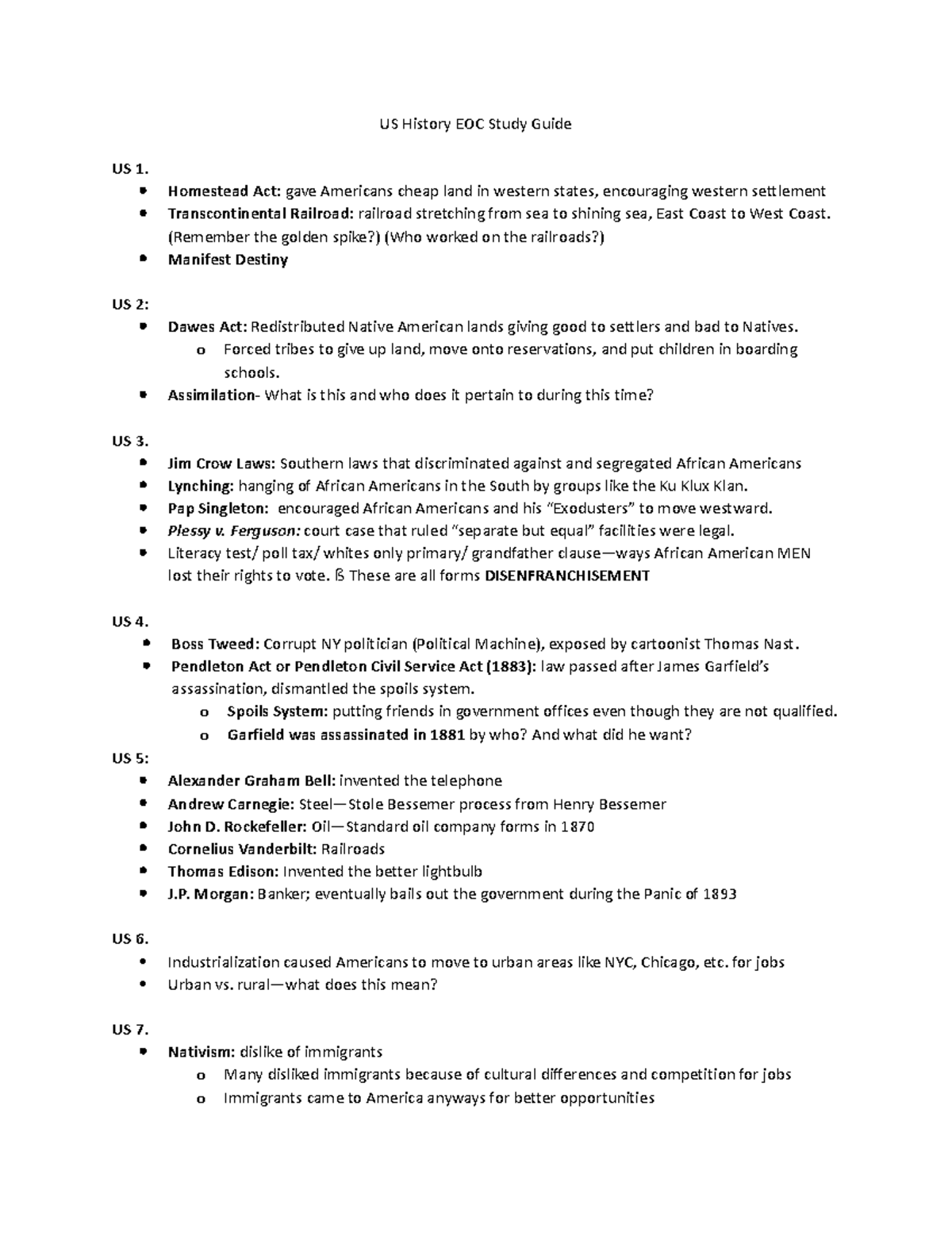 EOC Study Guide - Homestead Act: gave Americans cheap land in western ...