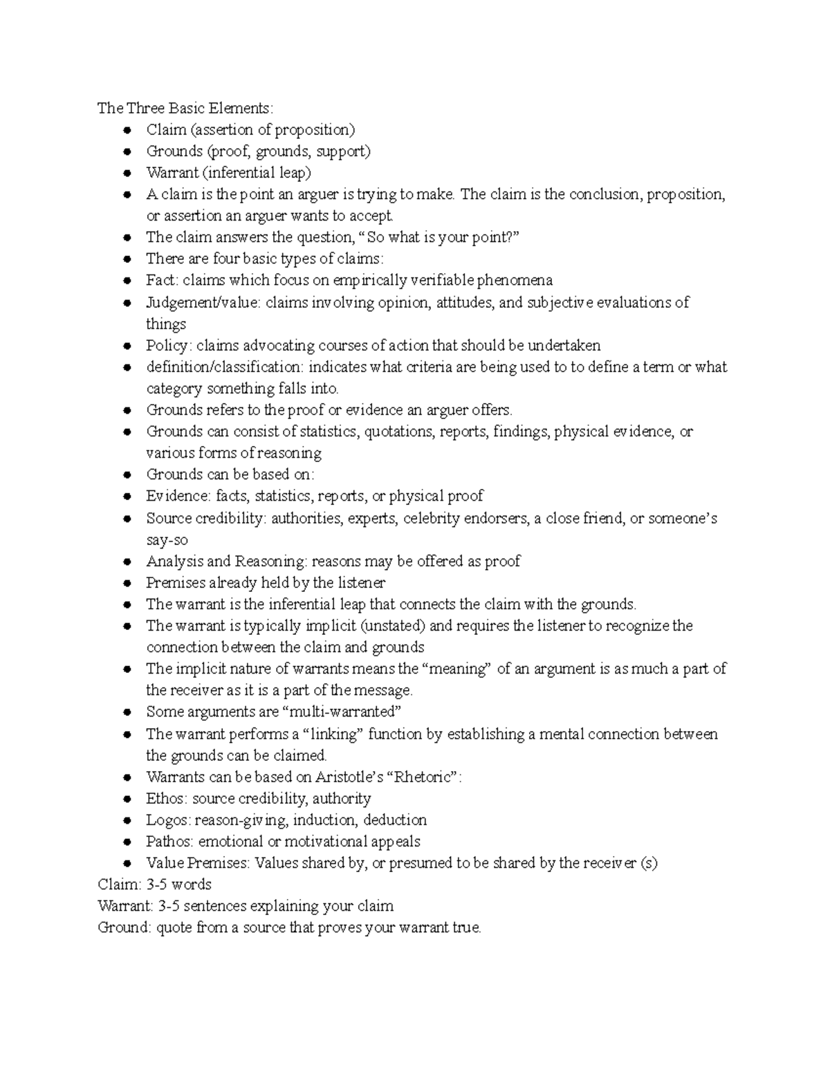 Essentails of Argumentations Notes - The Three Basic Elements: Claim ...