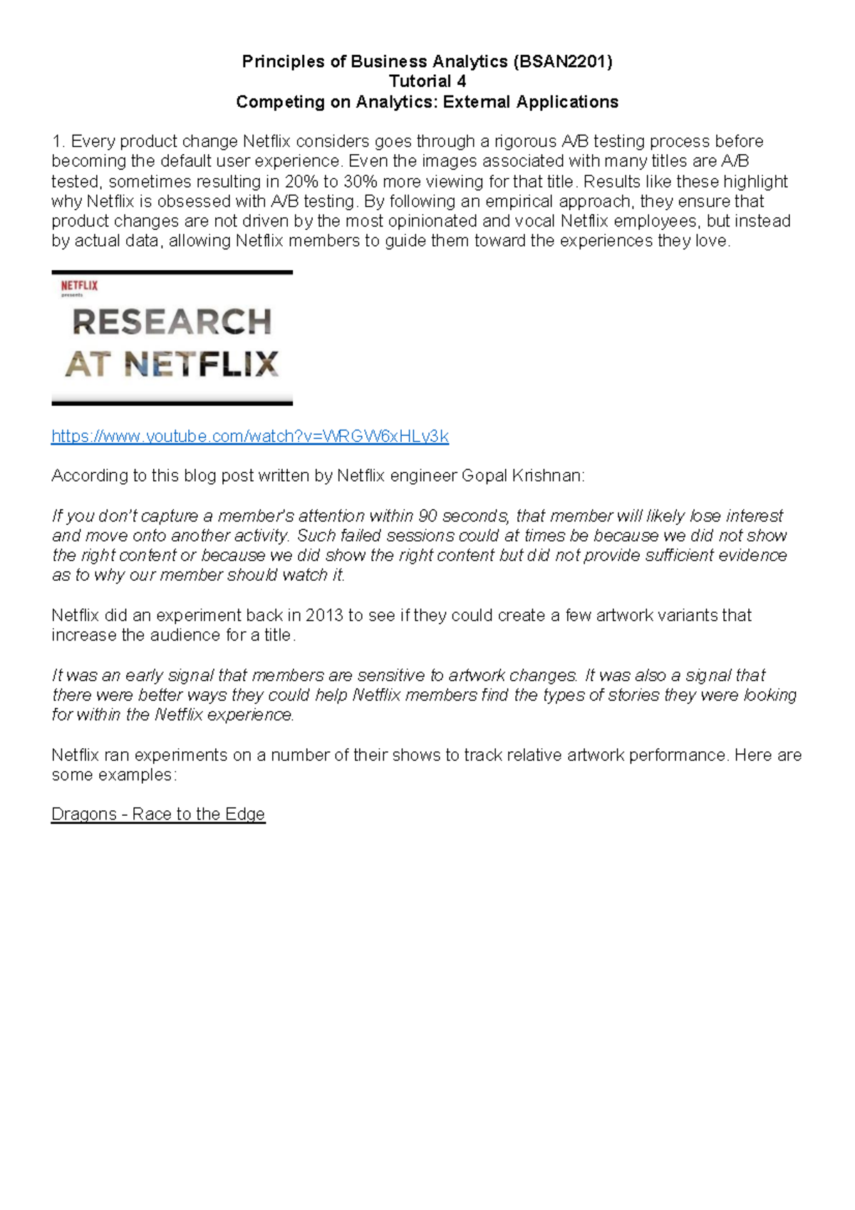 Tutorial 4 Competing on Analytics (External Applications) - Principles of Business Analytics ...