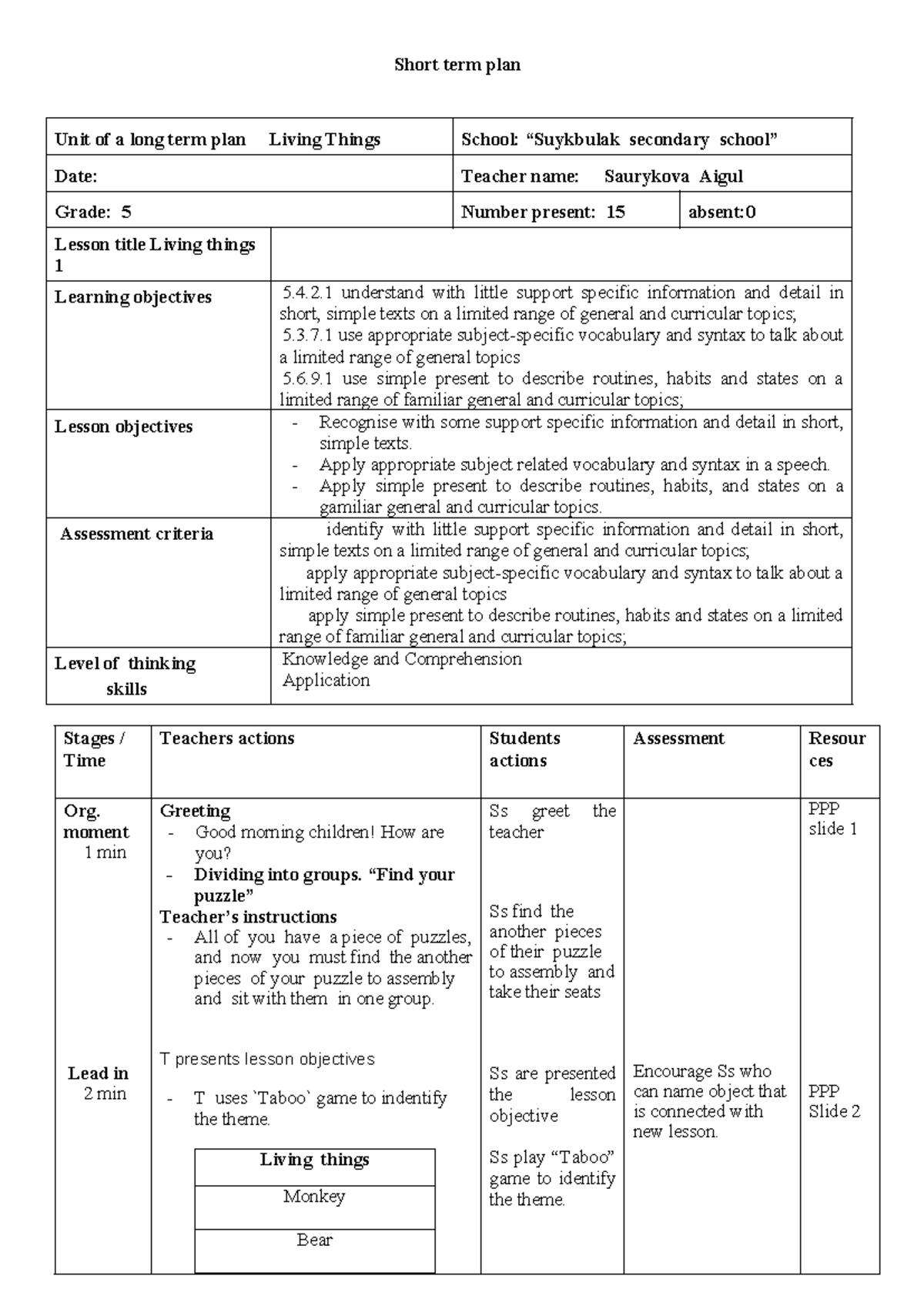 Living things lesson plan - Short term plan Unit of a long term plan ...