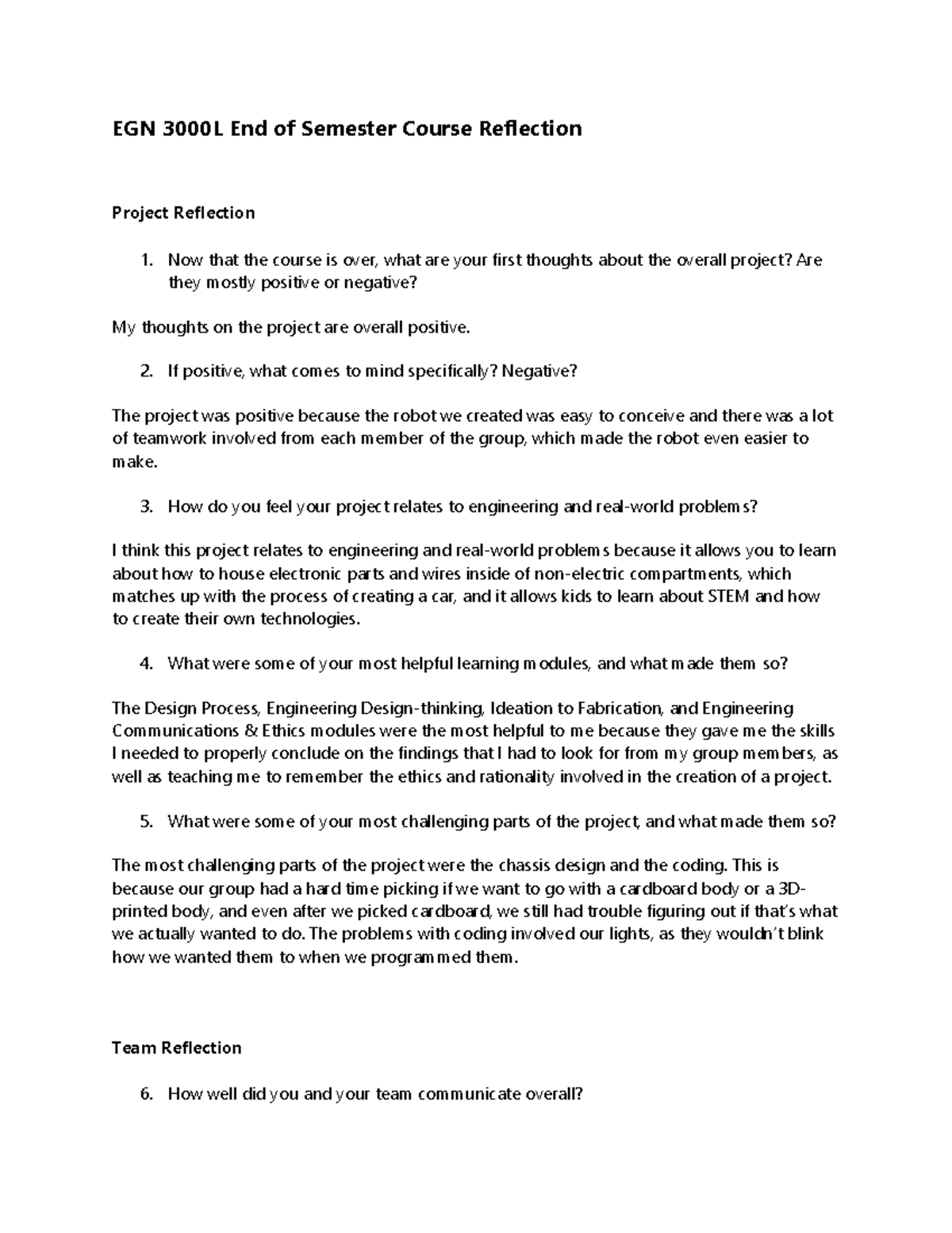 Course Reflection EGN - EGN 3000L End of Semester Course Reflection ...