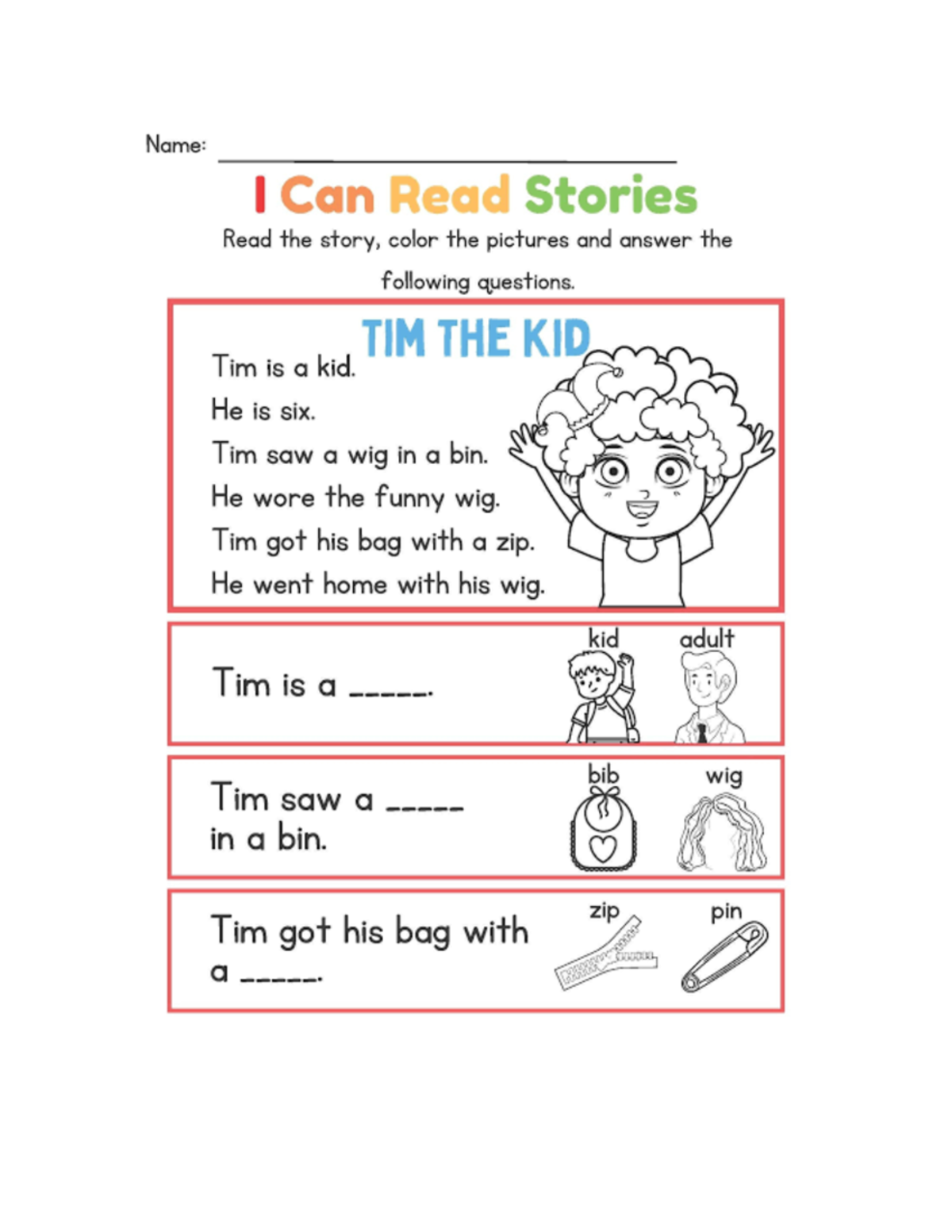 Reading comprehension - Name: I Can Read Stories Read the story, color ...