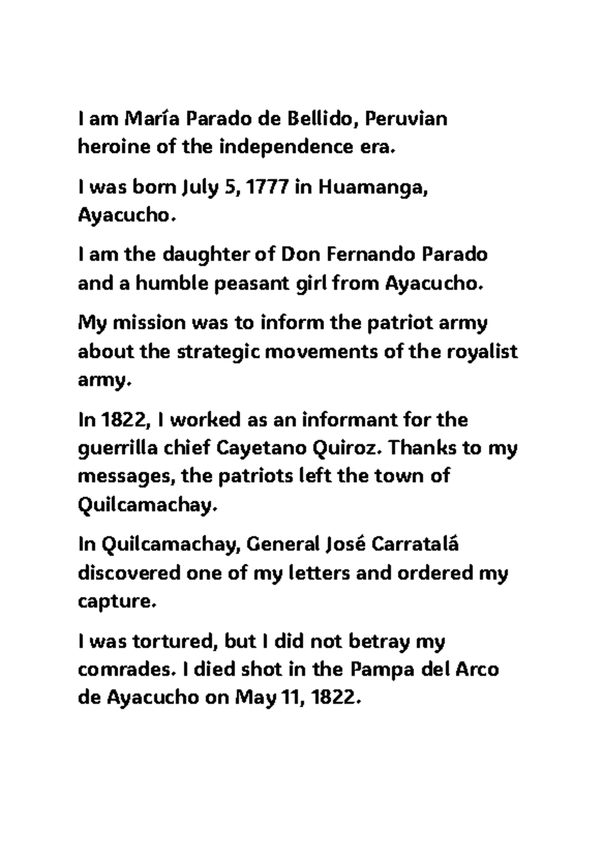 María Parado de Bellido - I was born July 5, 1777 in Huamanga, Ayacucho ...