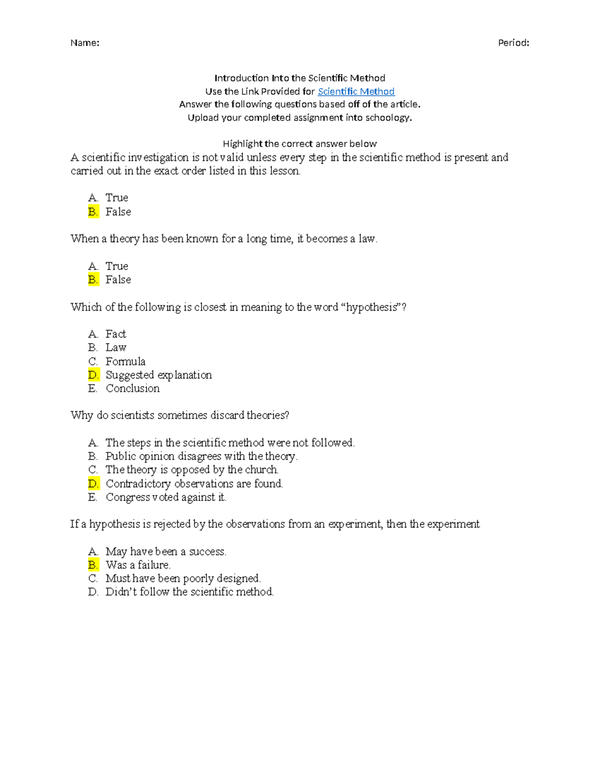Introduction Into the Scientific Method WS - Name: Period: Introduction ...