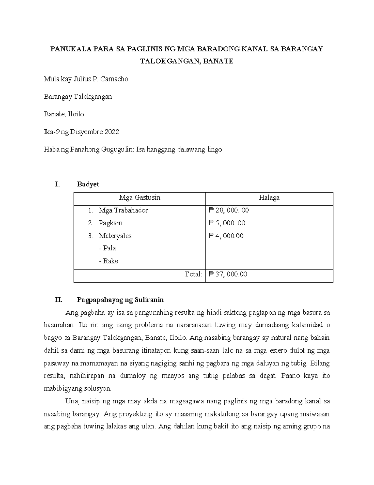 Panukala PARA SA Paglinis NG MGA Baradong Kanal SA Barangay Talokgangan ...