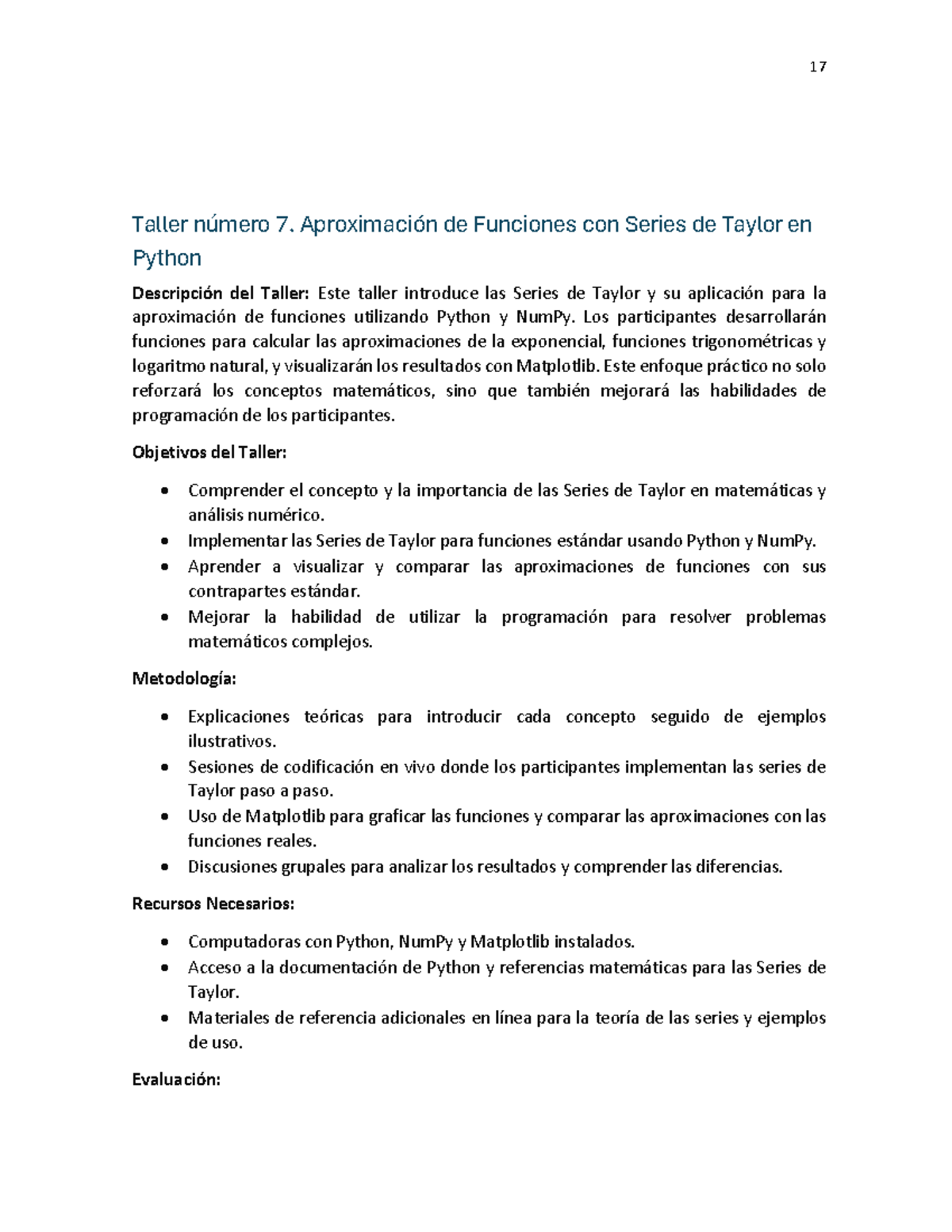 Taller 7 - 17 Taller número 7. Aproximación de Funciones con Series de ...