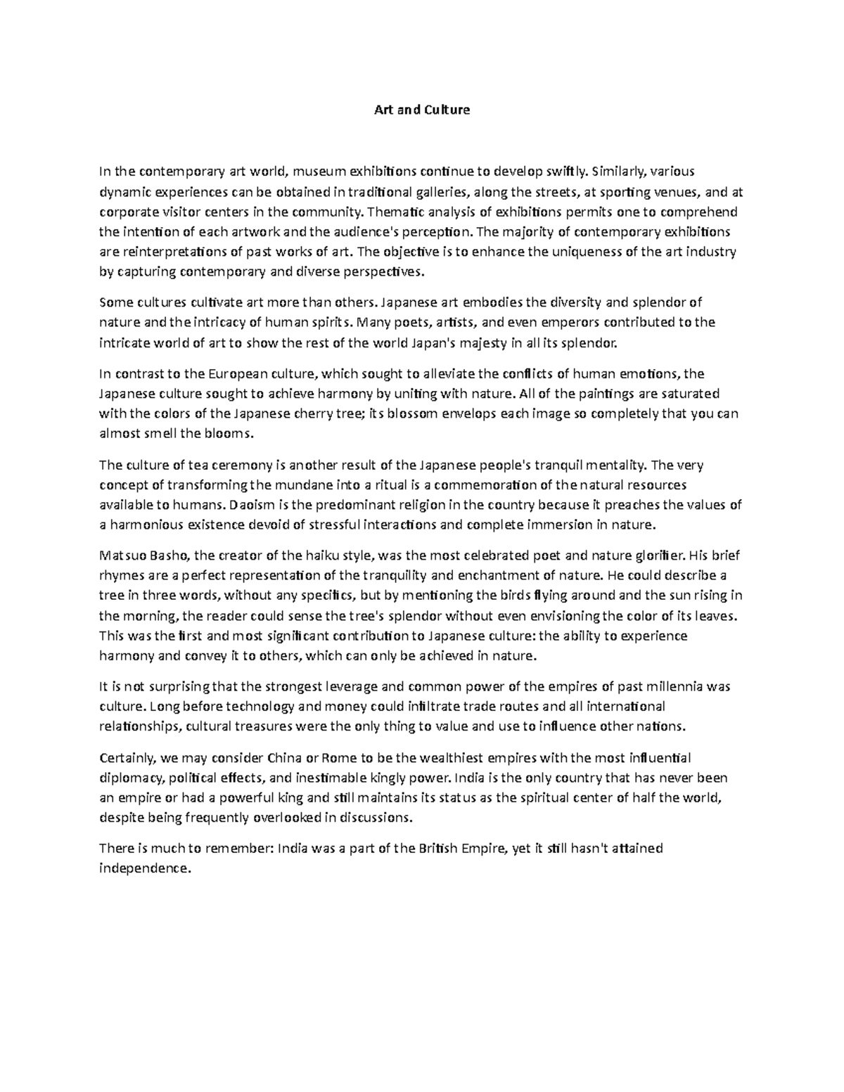Art and Culture - Essay about fine arts - Art and Culture In the ...