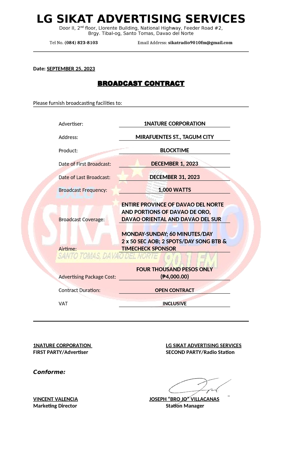 Broadcast Contract - Done - LG SIKAT ADVERTISING SERVICES Door II, 2nd ...