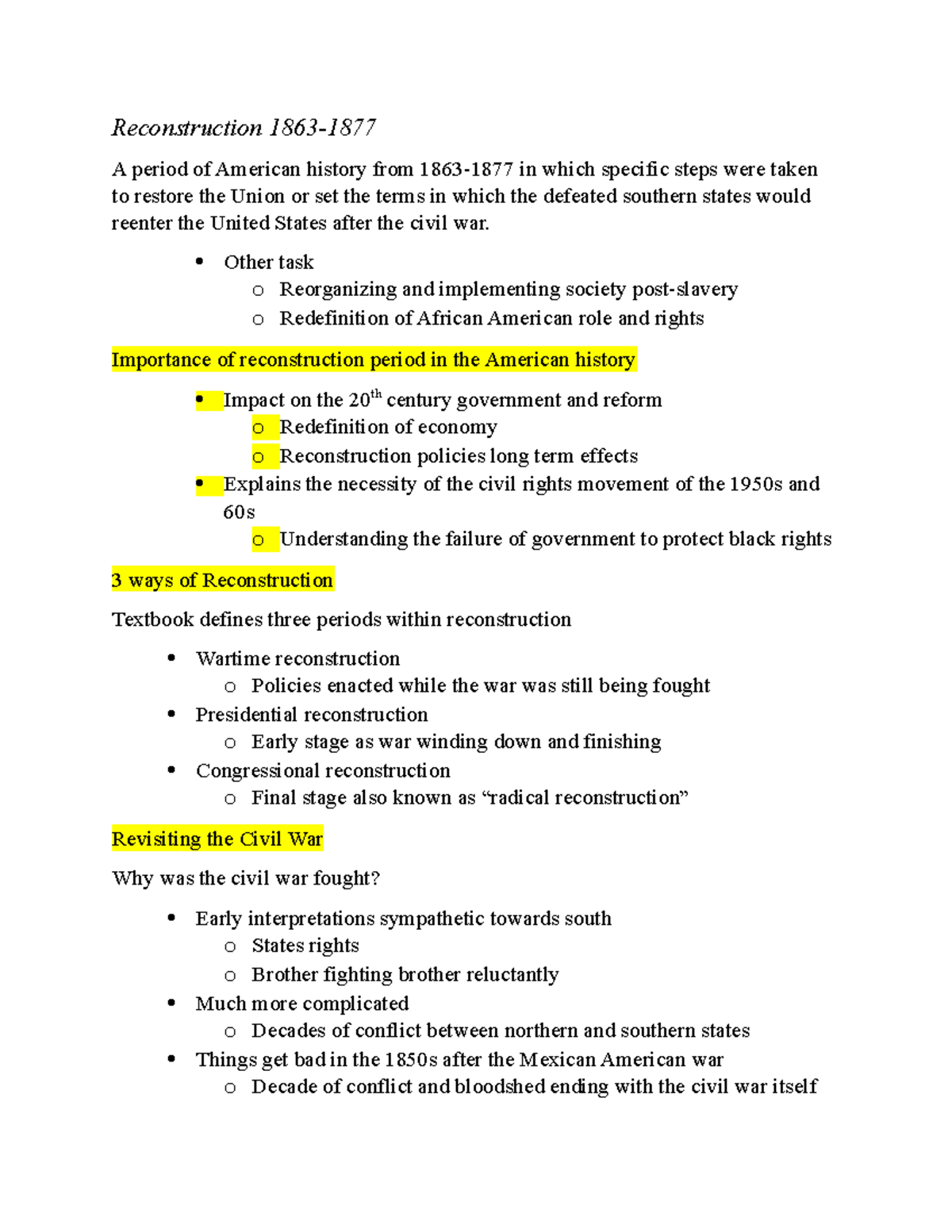 Reconstruction Powerpoint Notes - Reconstruction 1863- A period of ...