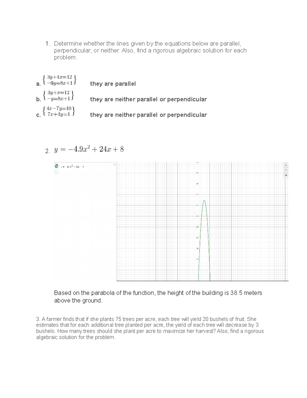 Assignment unit 2 - 1. Determine whether the lines given by the equations below are parallel ...