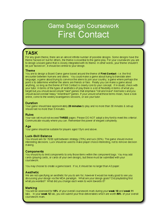Games Design 1 - Coursework 1 (marking scheme) - GAME DESIGN 1 ...