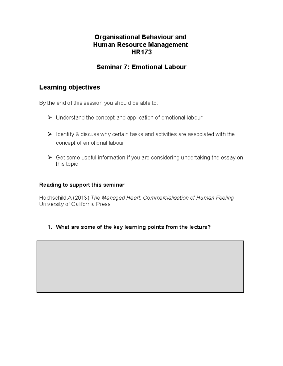 Seminar 7 EMOTIONAL LABOUR - Organisational Behaviour and Human ...