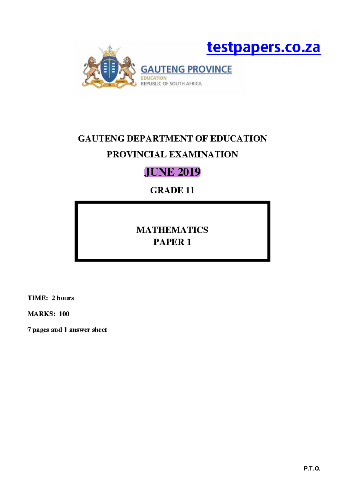 Maths june p1 2019 QP - past paper practice - GAUTENG DEPARTMENT OF ...