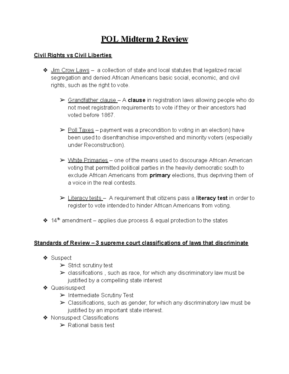 POL102 Midterm 2 review sheet - POL Midterm 2 Review Civil Rights vs ...
