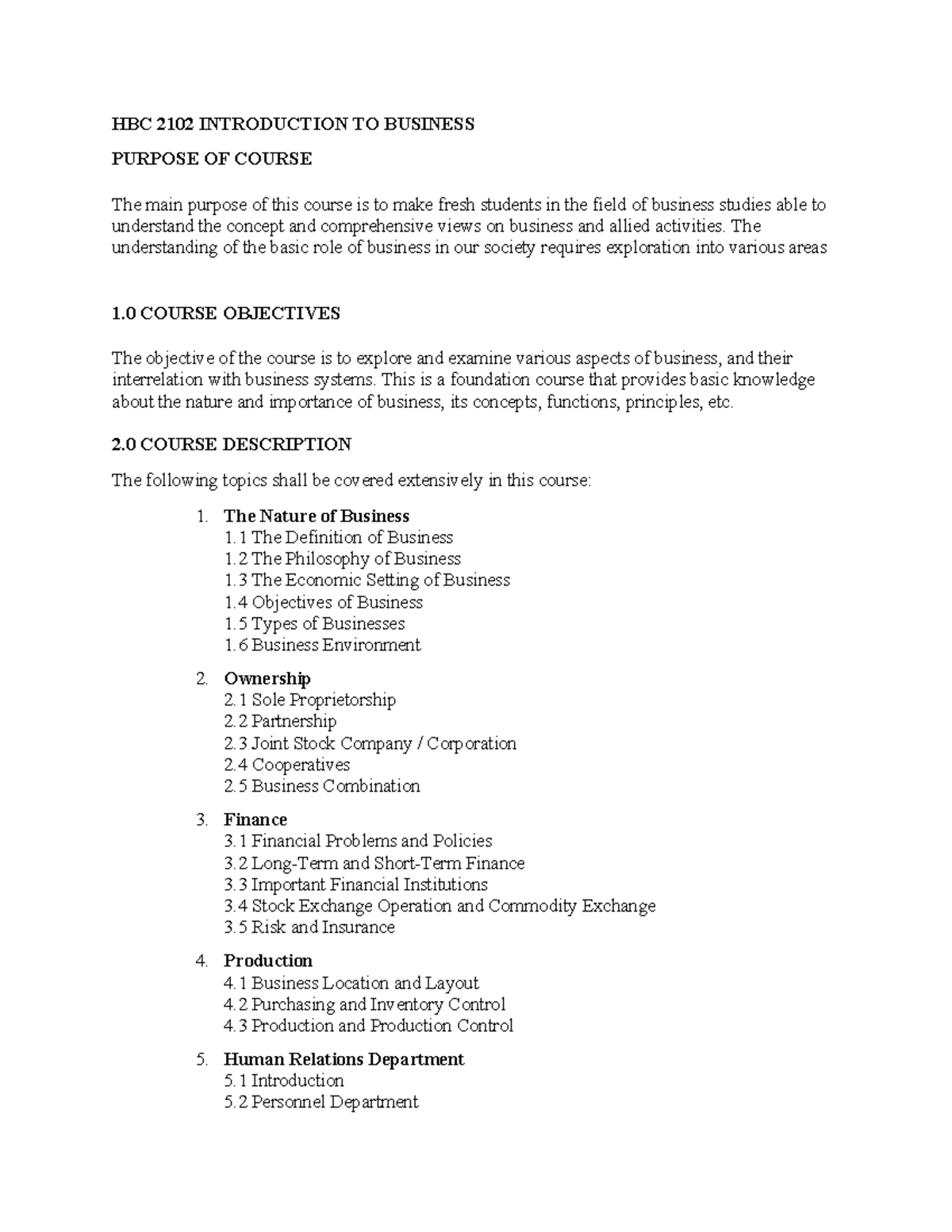 Introduction to Business Course Outline - HBC 2102 INTRODUCTION TO ...