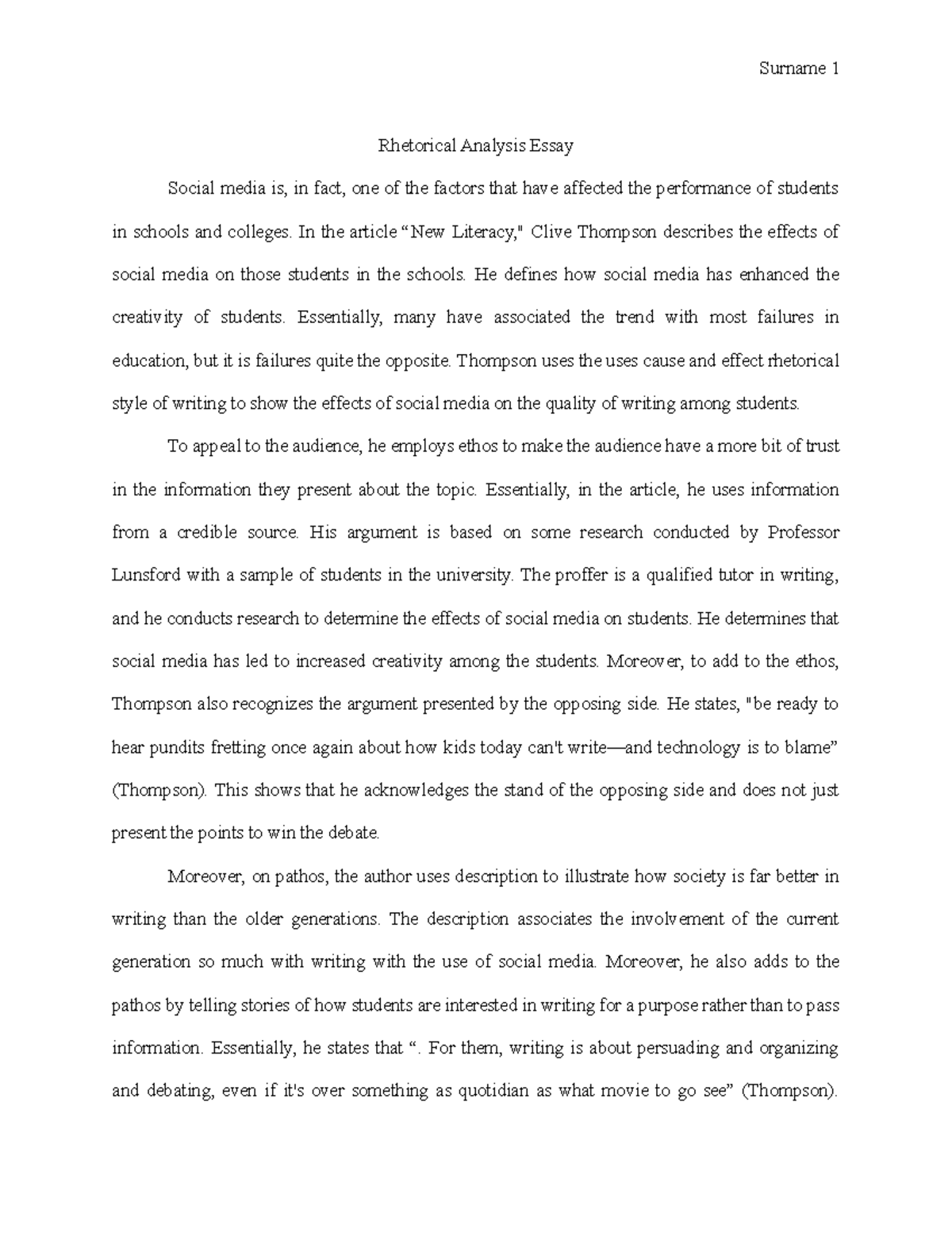 Rhetorical Analysis Essay - Surname 1 Rhetorical Analysis Essay Social ...