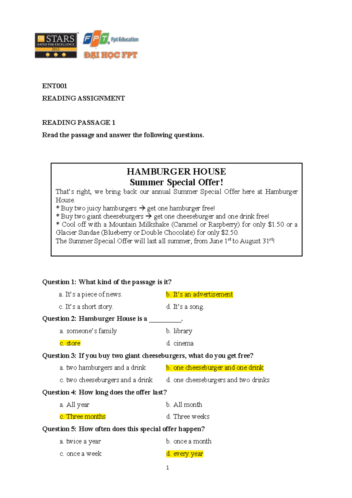 ENT001 Reading Assignment - ENT READING ASSIGNMENT READING PASSAGE 1 Read the passage and answer ...