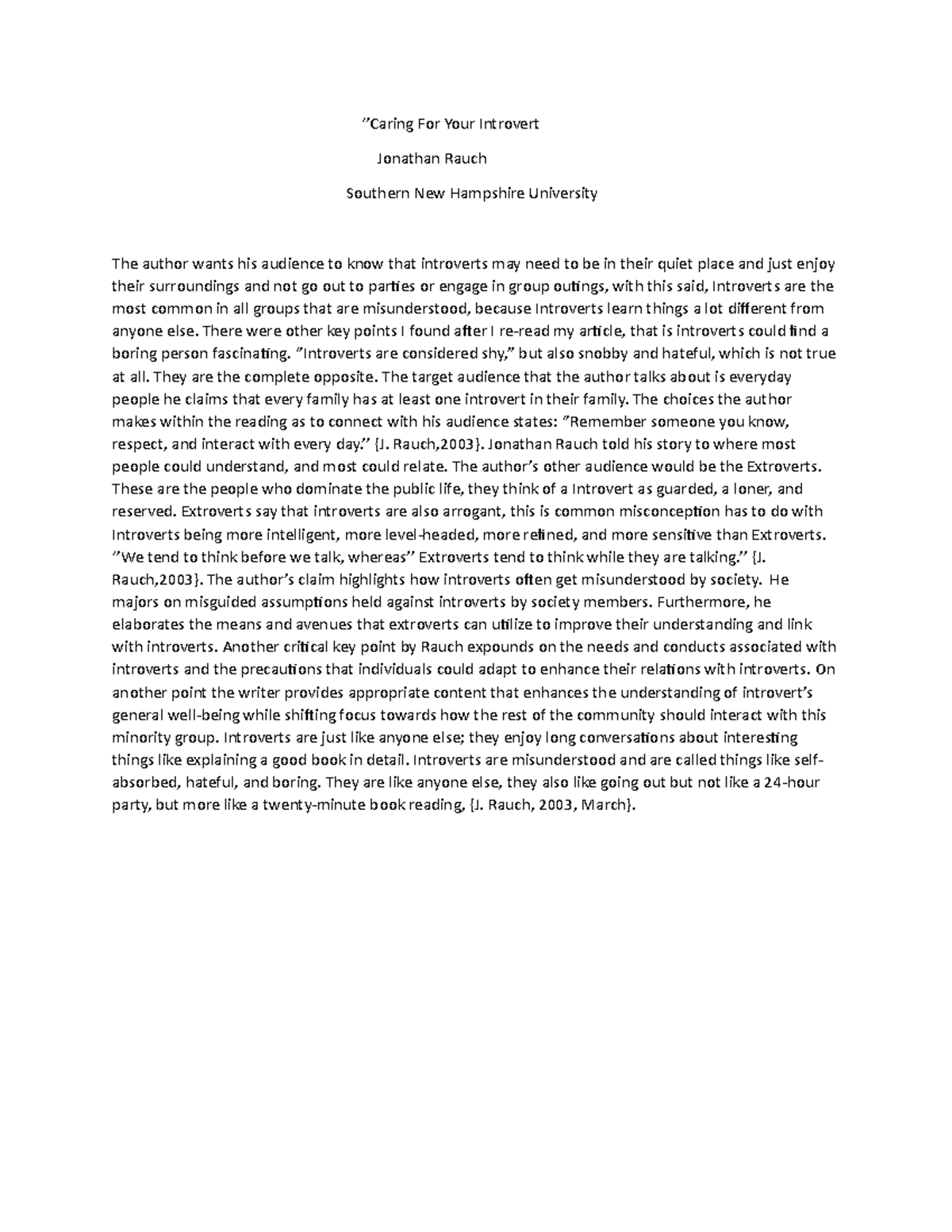 Assignment 7 Essay - ‘’Caring For Your Introvert Jonathan Rauch Southern New Hampshire ...