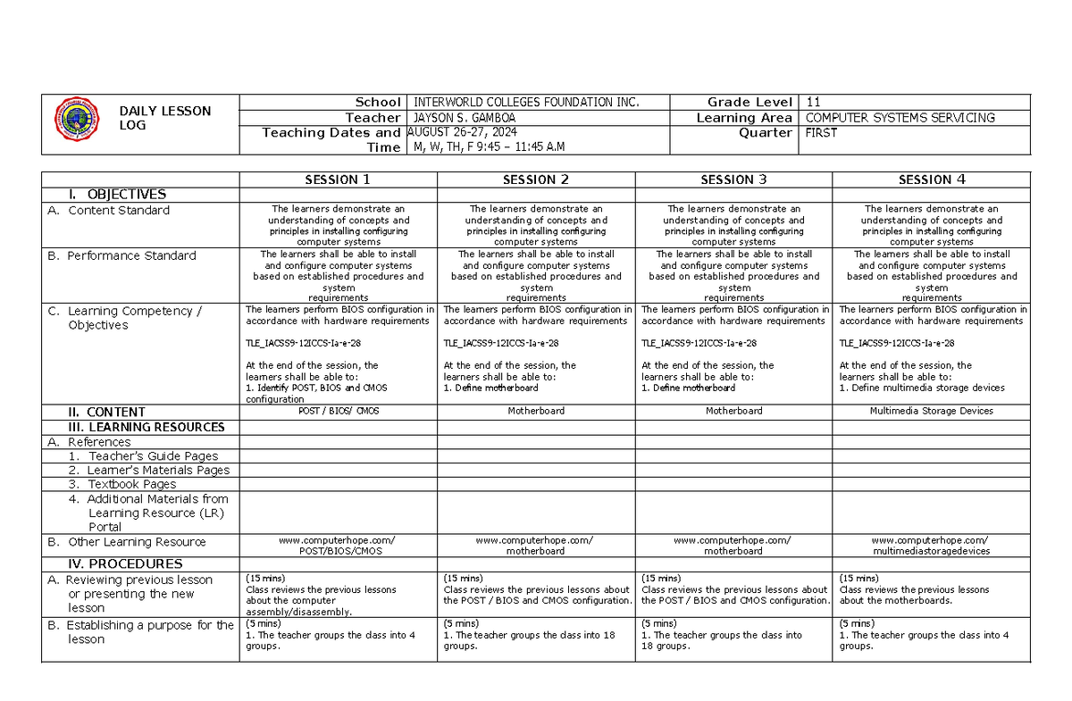 5 dll-css-grade- 11- 1st - week compress - DAILY LESSON LOG School ...