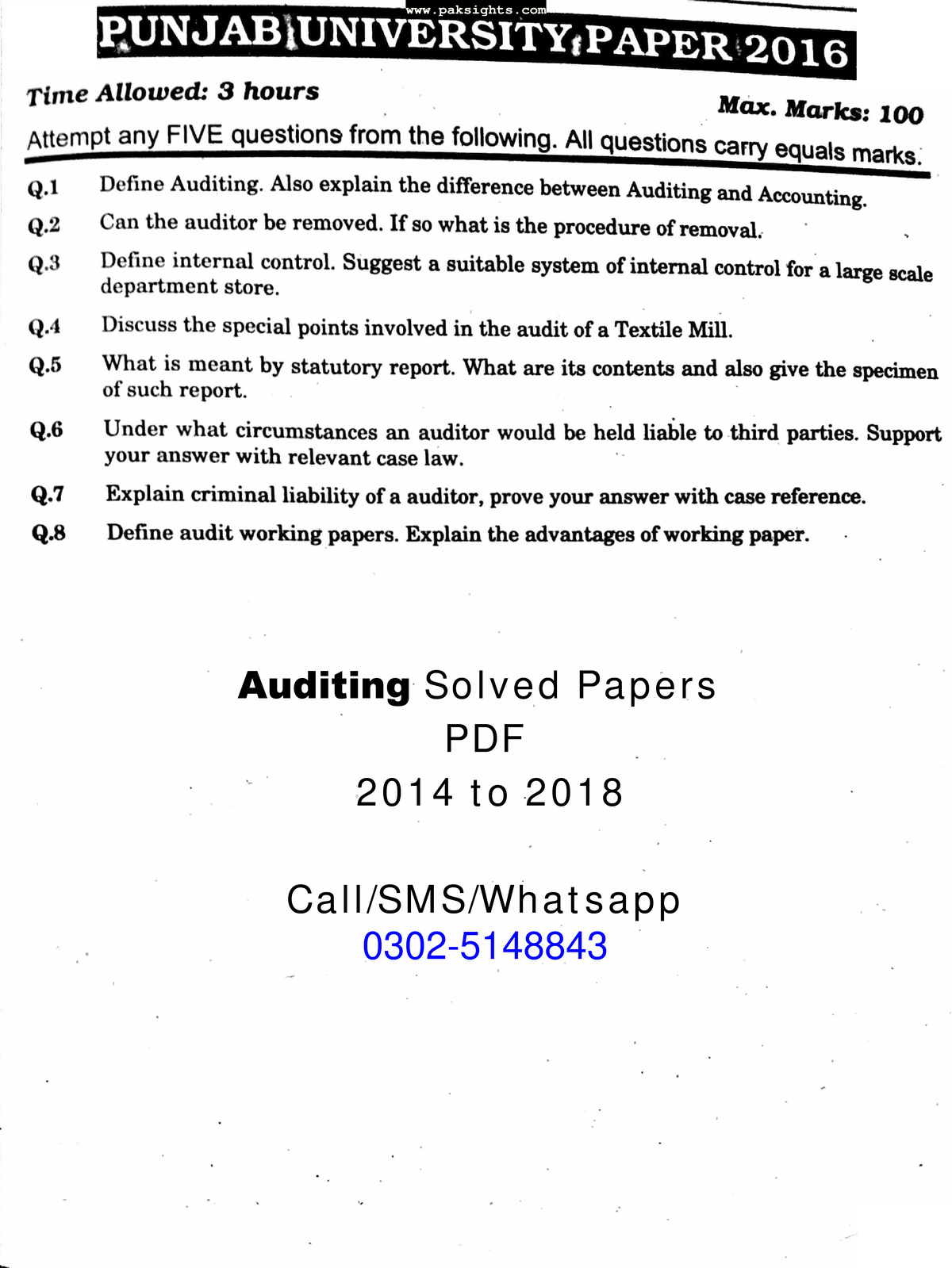 Auditing past paper 2016 b - 2016 Time Allowed: 3 hours Max. Marks: 100 Attempt any FIVE ...