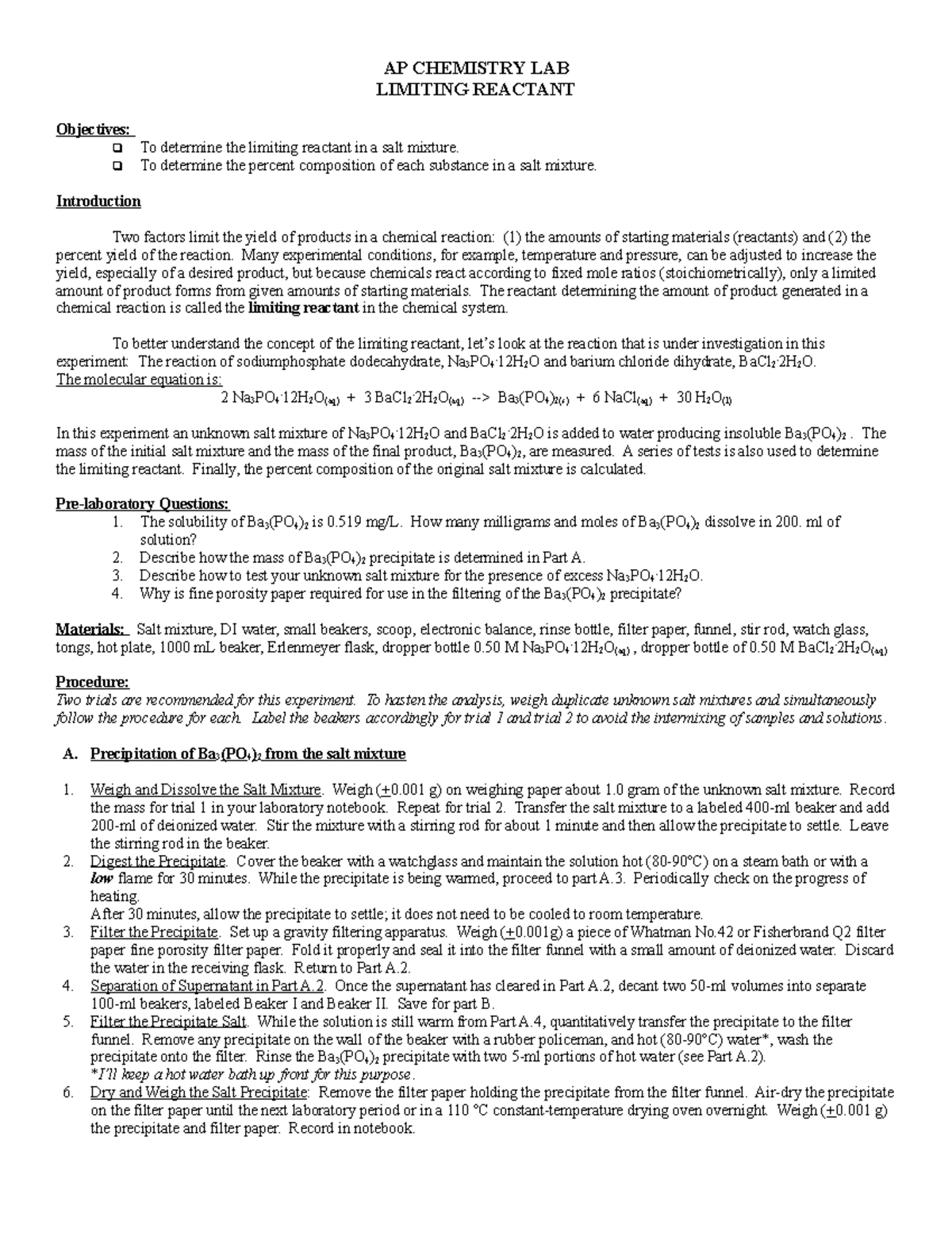 3 limiting reagent lab - ap chem prelab - AP CHEMISTRY LAB LIMITING ...