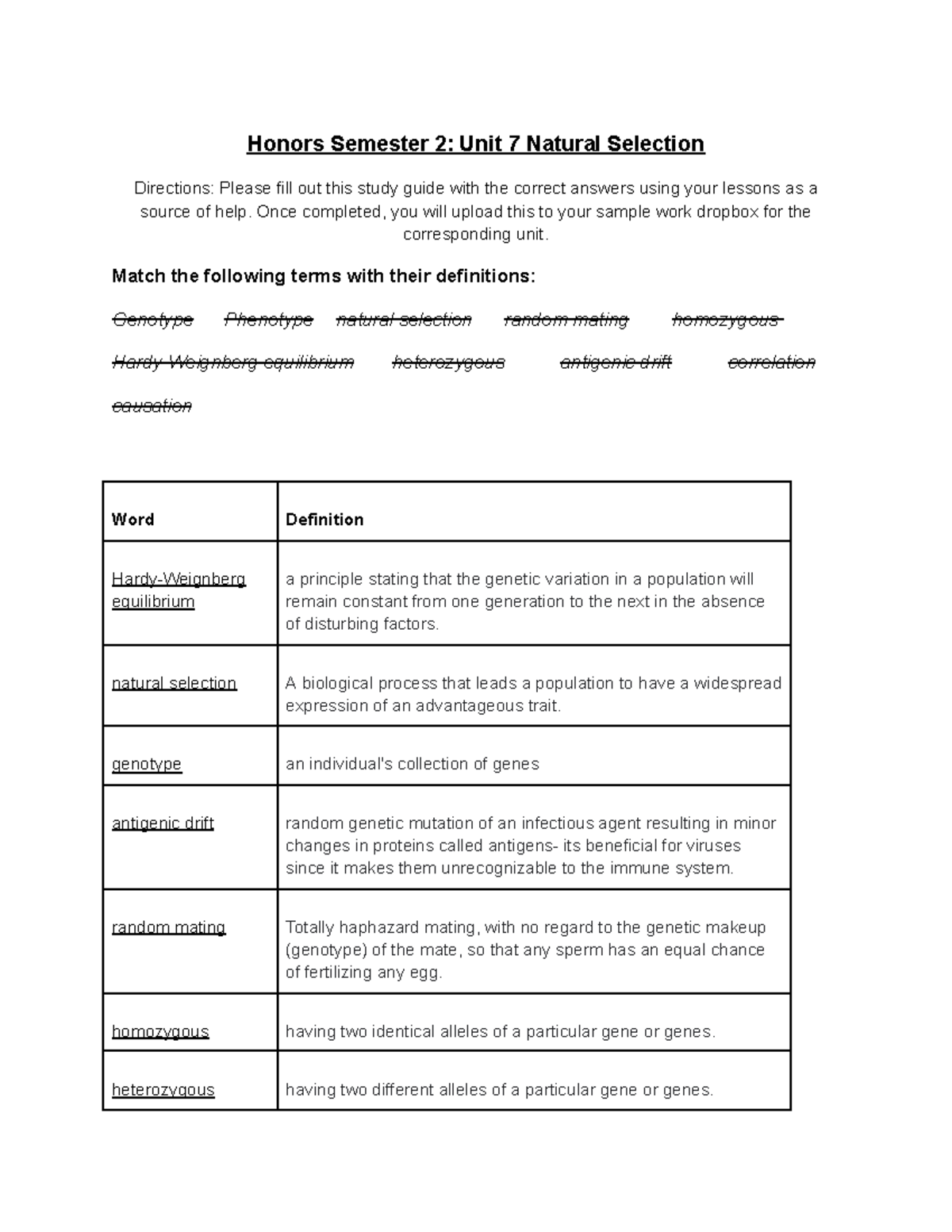 Honors Unit 7 Study Guide - Honors Semester 2: Unit 7 Natural Selection ...