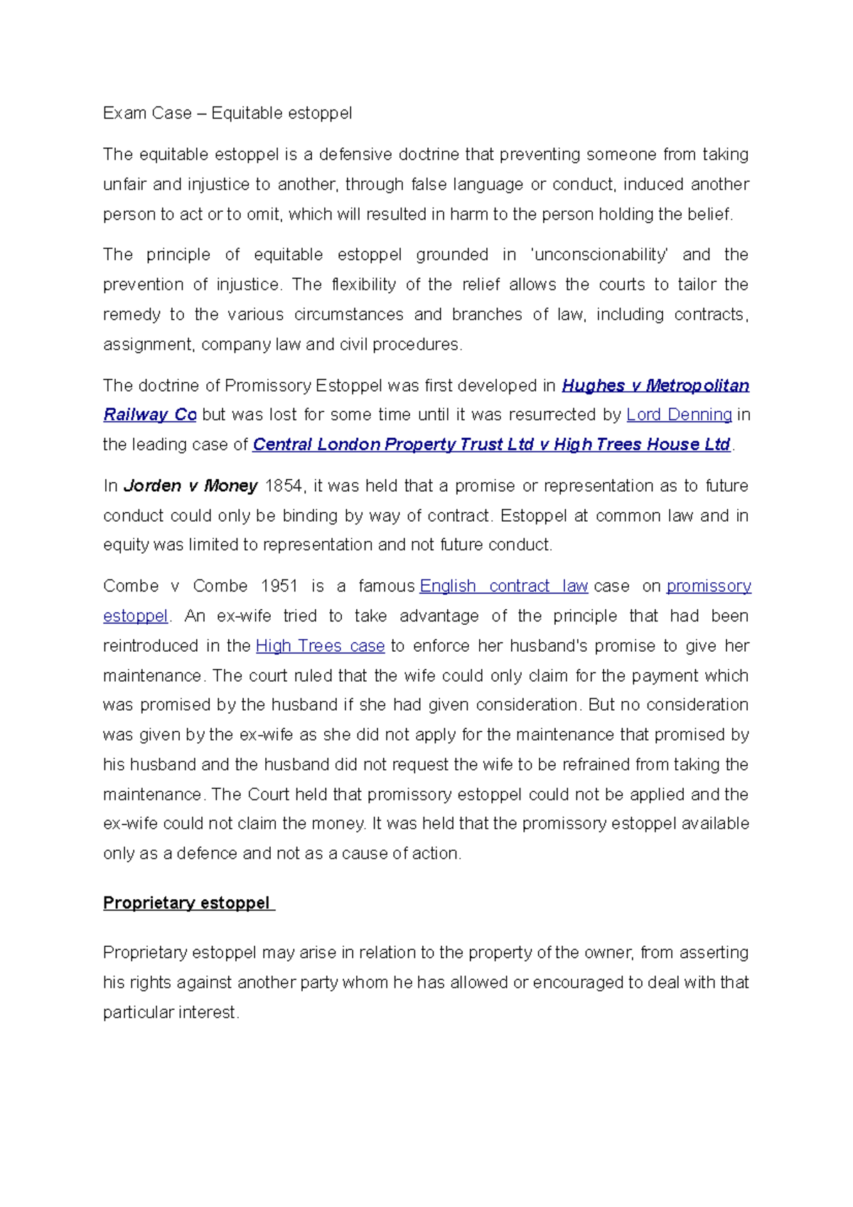 Exam Case - estoppel - Exam Case – Equitable estoppel The equitable ...