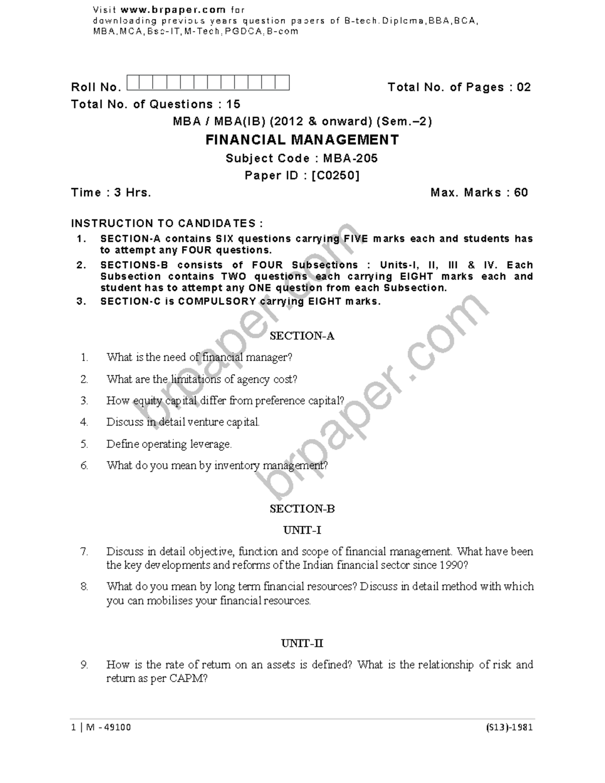 May2016FM(2nd)May2016 Question Paper - 1 | M - 49100 Roll No. Total No ...