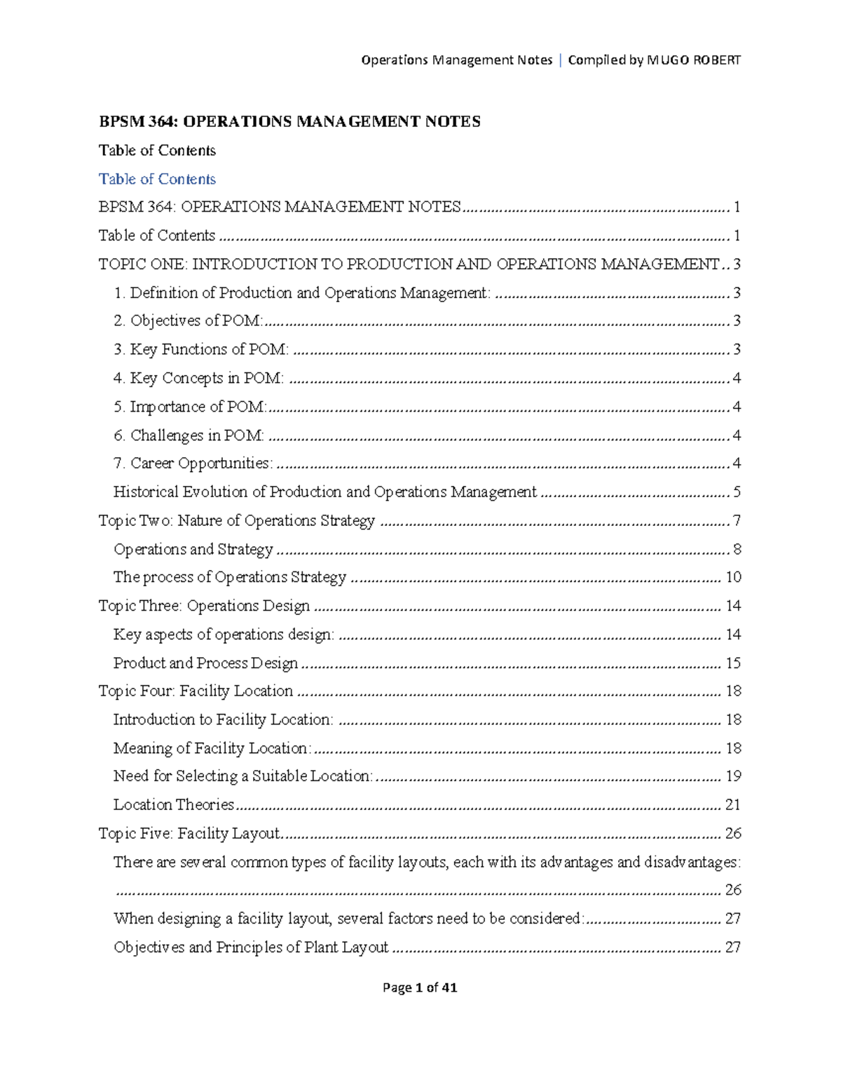 BPSM 364 Operations Management Notes - BPSM 364: OPERATIONS MANAGEMENT ...