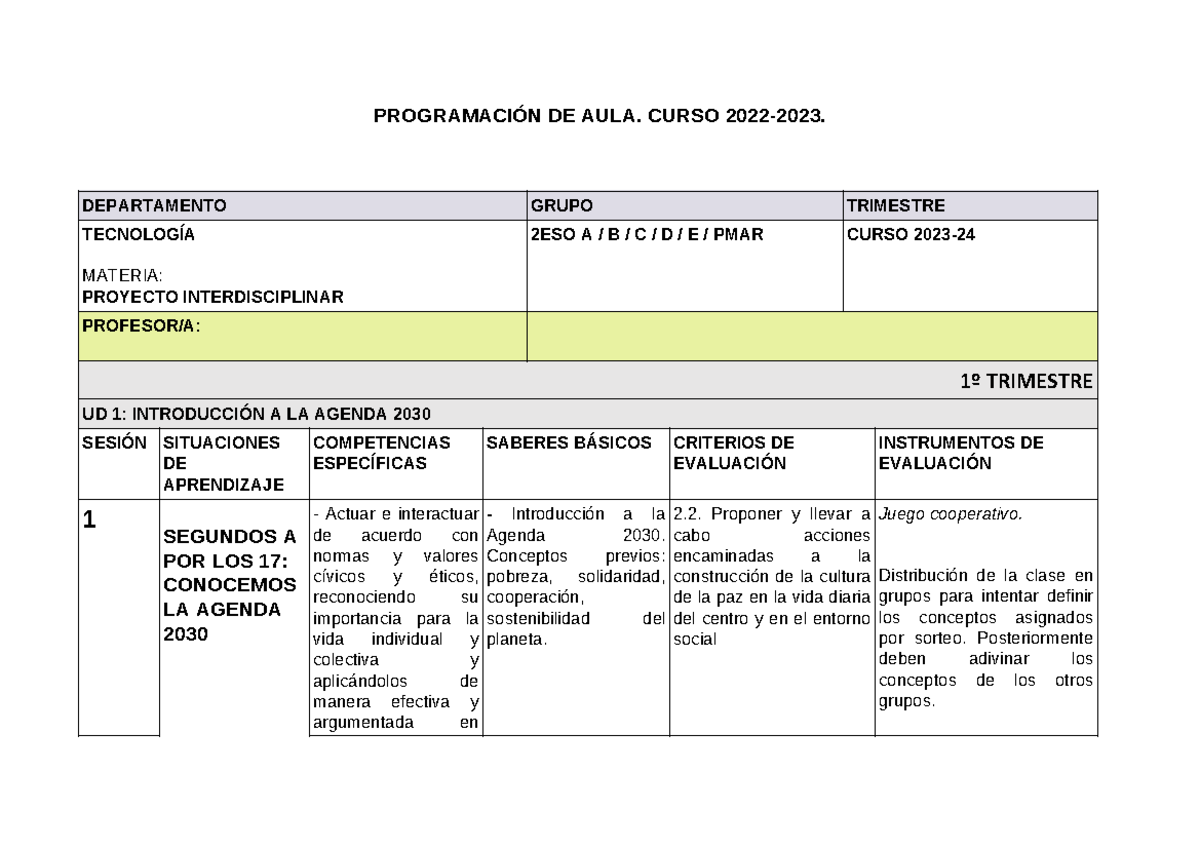P. I. 2ESO - PROGRAMACIÓN DE AULA. CURSO 2022-2023. ####### DEPARTAMENTO GRUPO TRIMESTRE ...