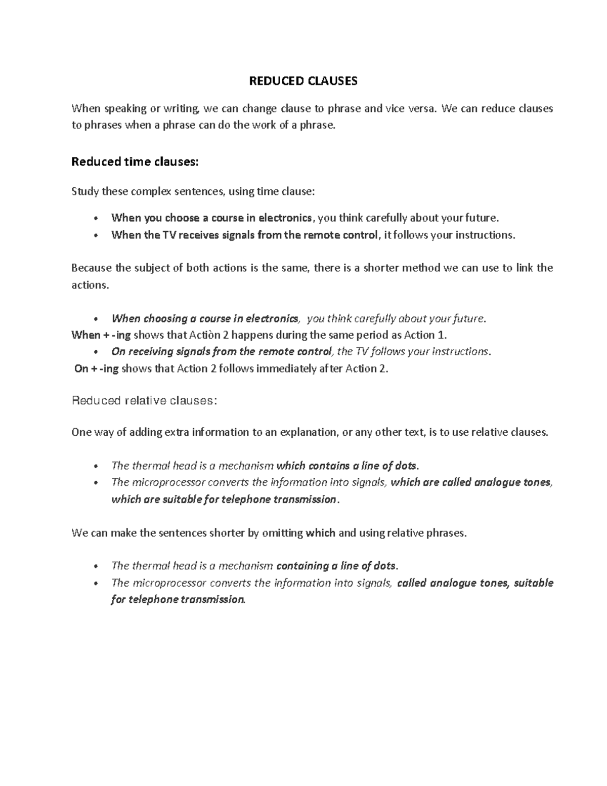 Reduced Clauses - technical english - REDUCED CLAUSES When speaking or ...