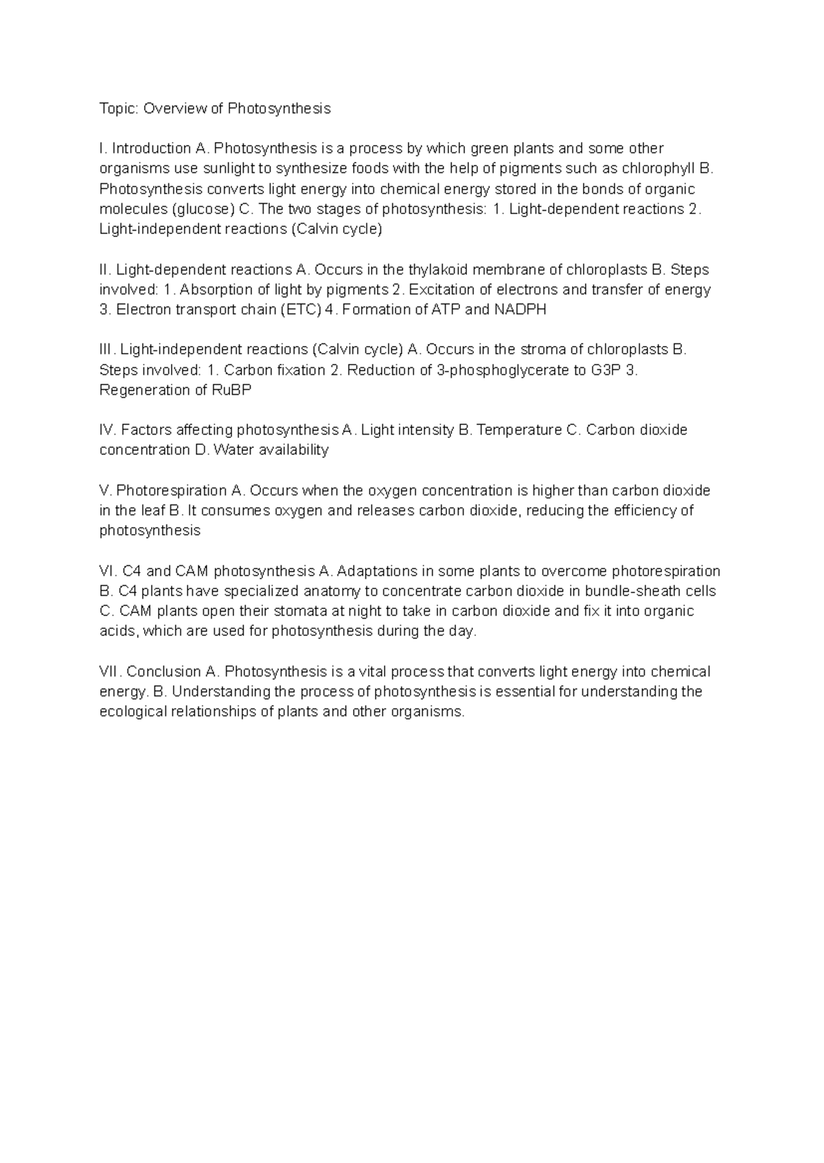 Photosynthesis - summary of - Topic: Overview of Photosynthesis I ...