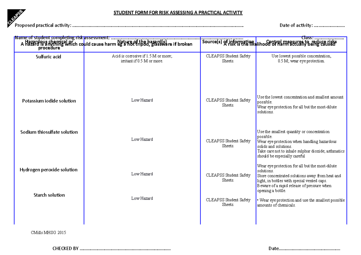 Student Risk Assessment - Hazardous chemical or procedure Nature of the ...