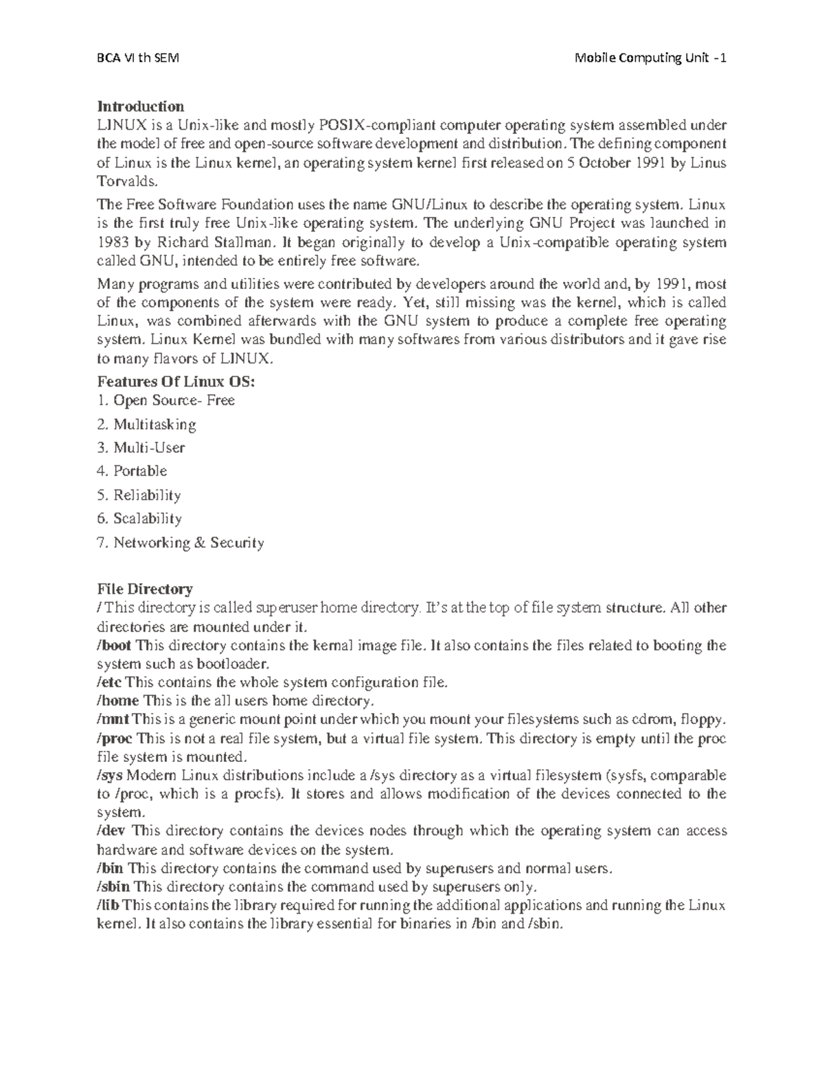 BCA - VI Mobile Application Notes UNIT - 1 - Introduction LINUX is a ...