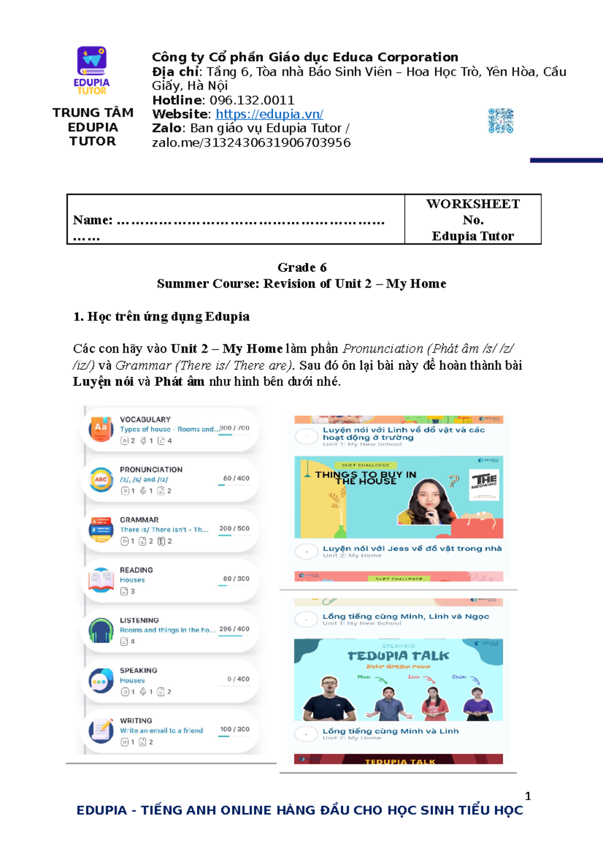 Worksheet-Summer Course U 2 (6B) - TRUNG TÂM EDUPIA TUTOR Công ty Cổ ...