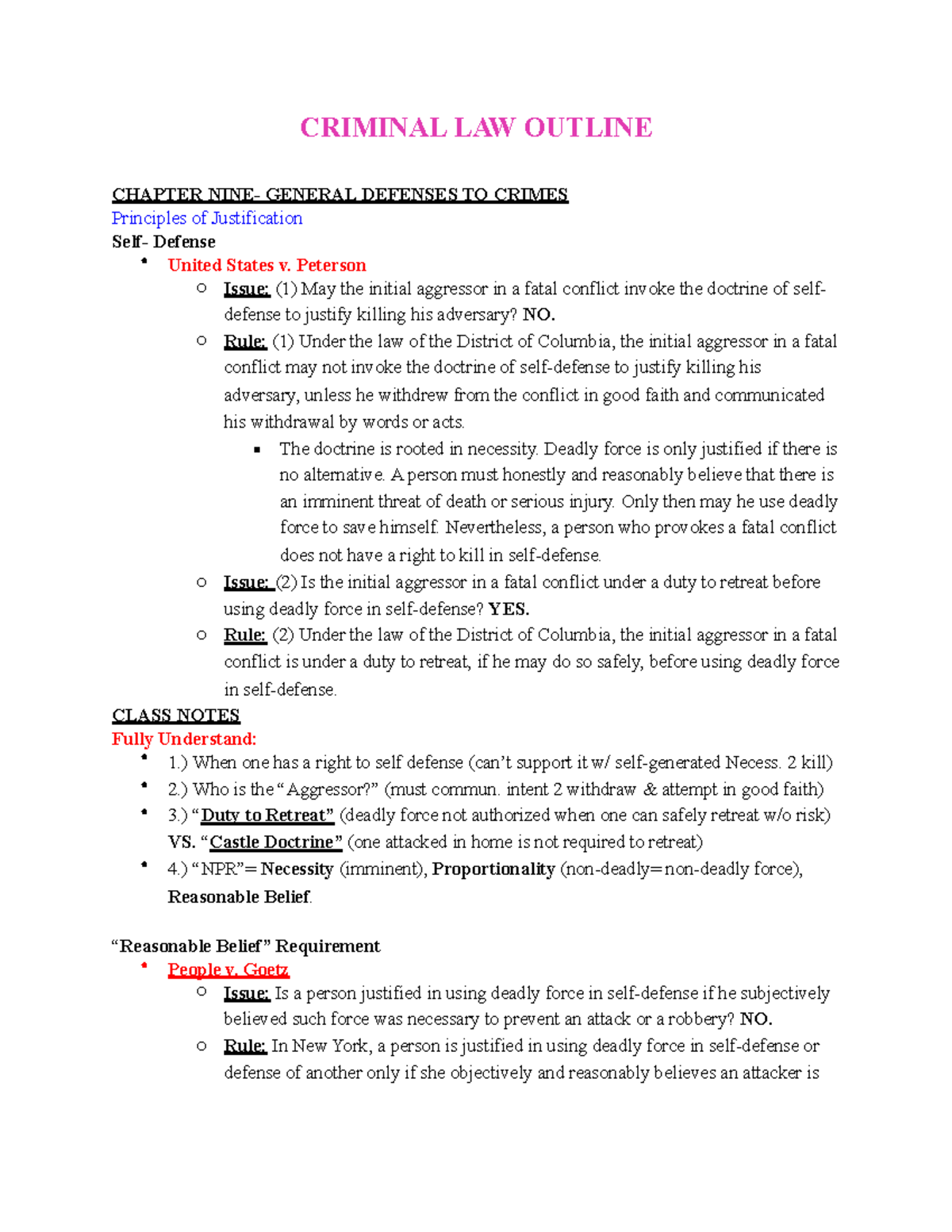 Chapter NINE- General Defenses TO Crimes - CRIMINAL LAW OUTLINE CHAPTER ...